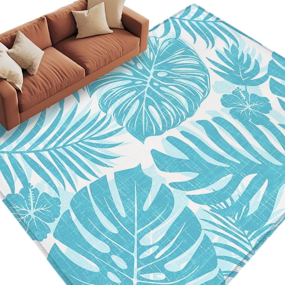 Aqua Blue Palm Leaves Washable Living Room Rugs 8'x10', Tropical ...