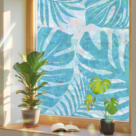 Aqua Blue Palm Leaves Window Privacy Film, Tropical Botanical ...