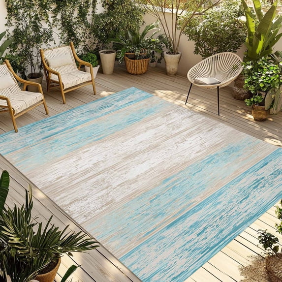 Aqua Blue Planks Outdoor Rug, Tropical Vertical Wood Grain Non-Slip ...