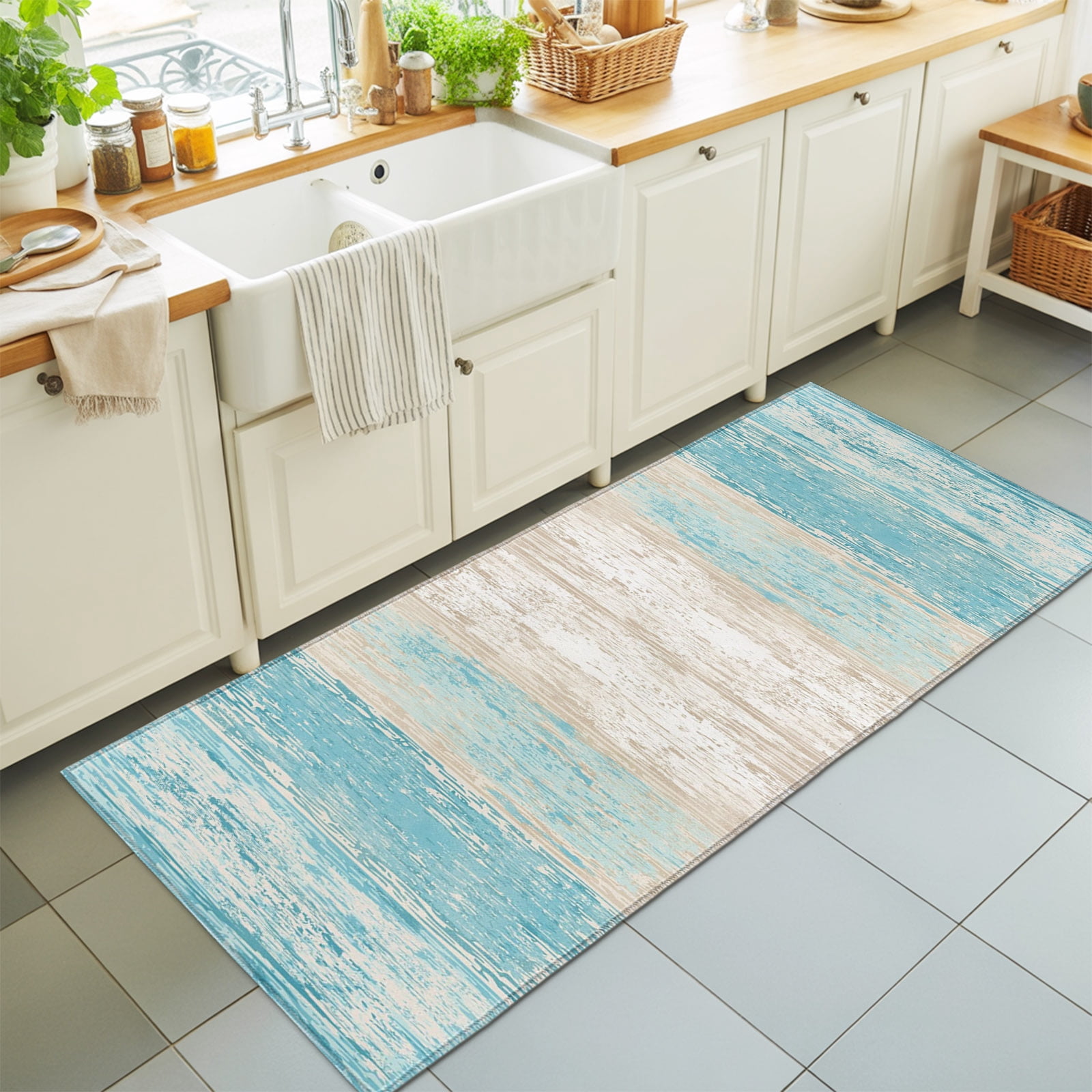 Aqua Blue Planks Washable Runner Rugs 2'x6', Tropical Vertical Wood ...