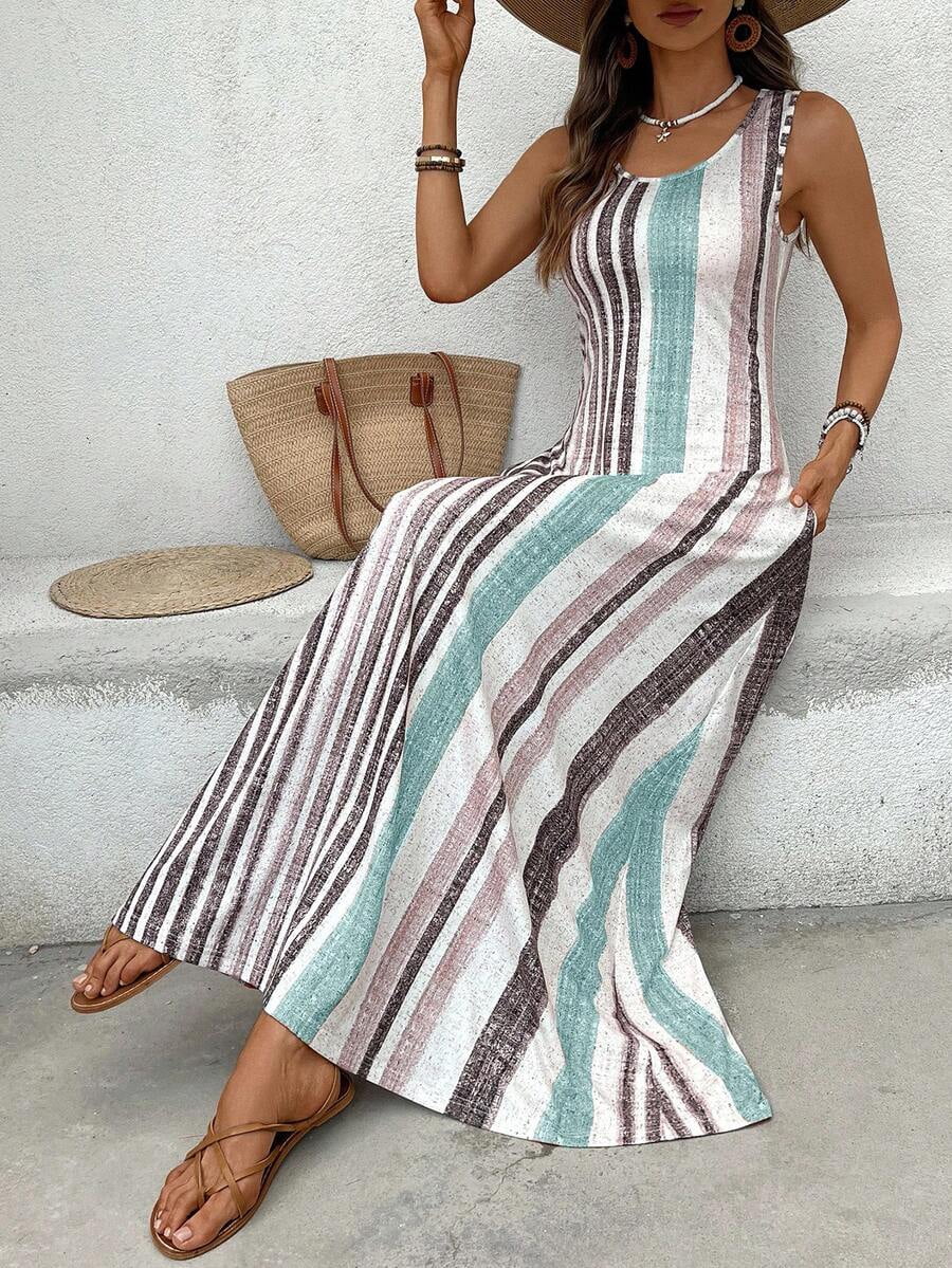 Aqua Blue Retro Striped Sleeveless Round Neck Maxi Dress With Flowy ...