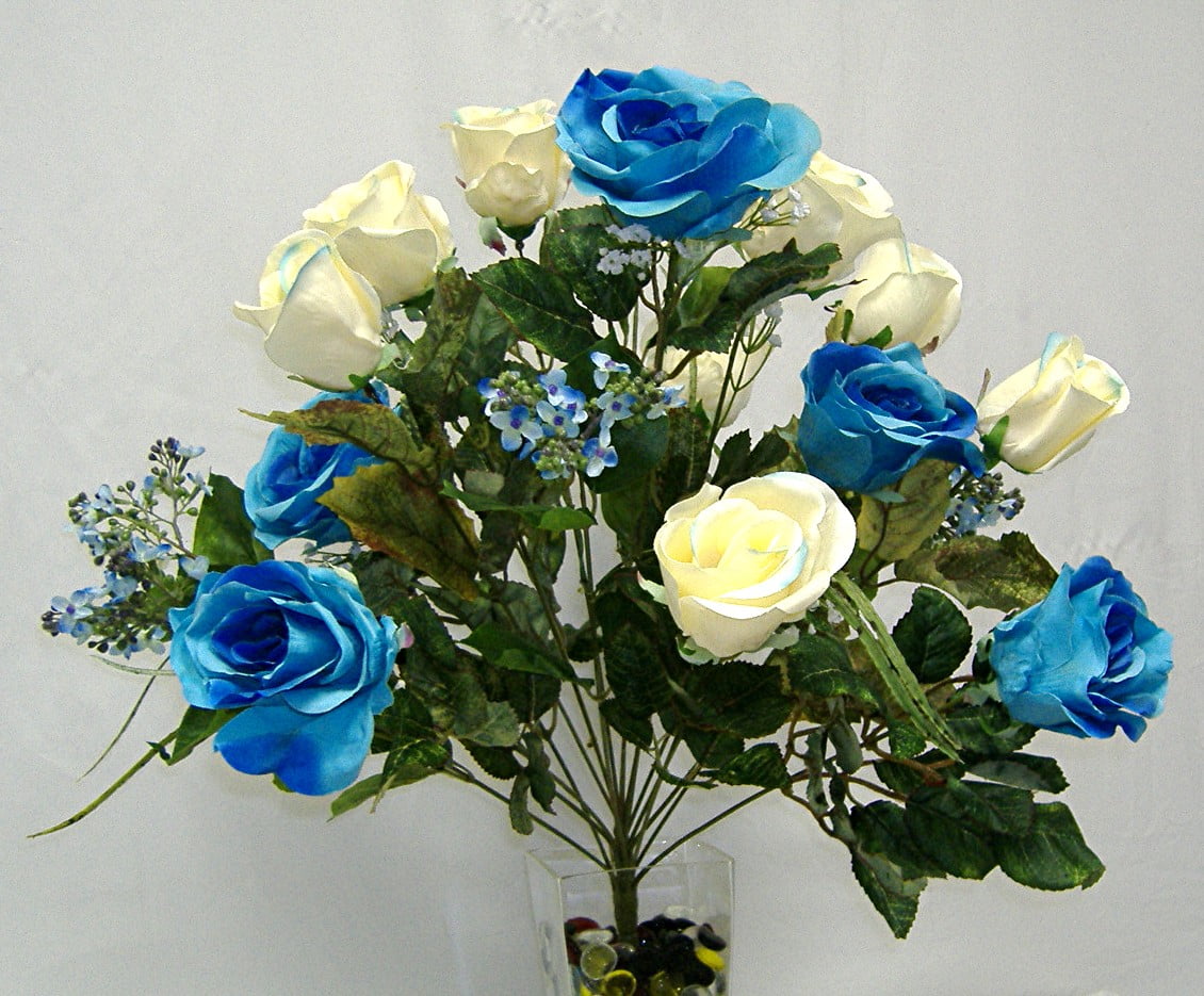 Aqua Blue Rose 25in Artificial Polysilk Faux Greenery Fake Flower Bush ...