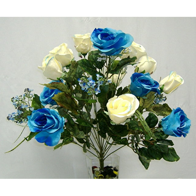 Aqua Blue Rose 25in Artificial Polysilk Faux Greenery Fake Flower Bush ...