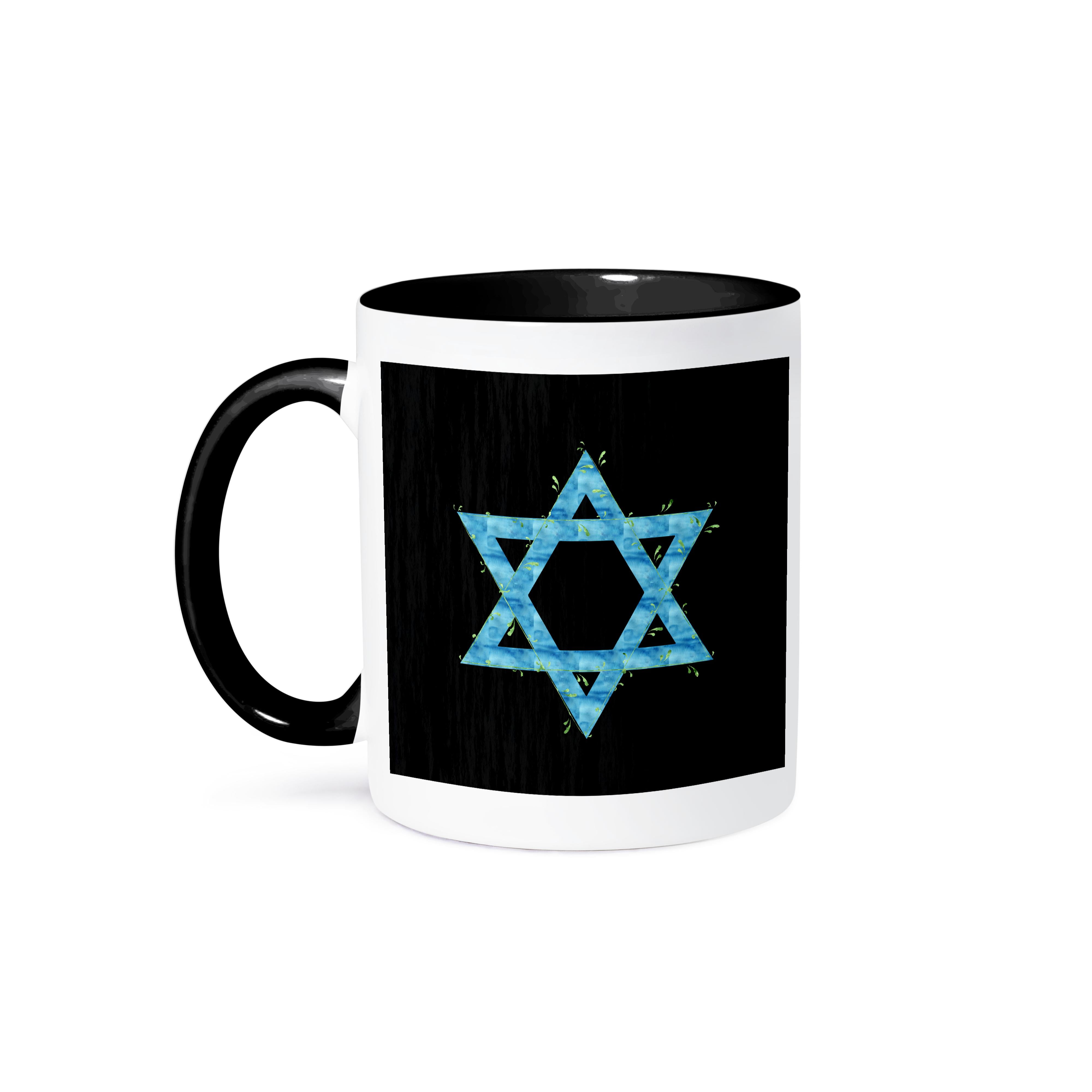 Aqua Blue Star Of David With Green Leaves, Black Background, 15oz Two ...