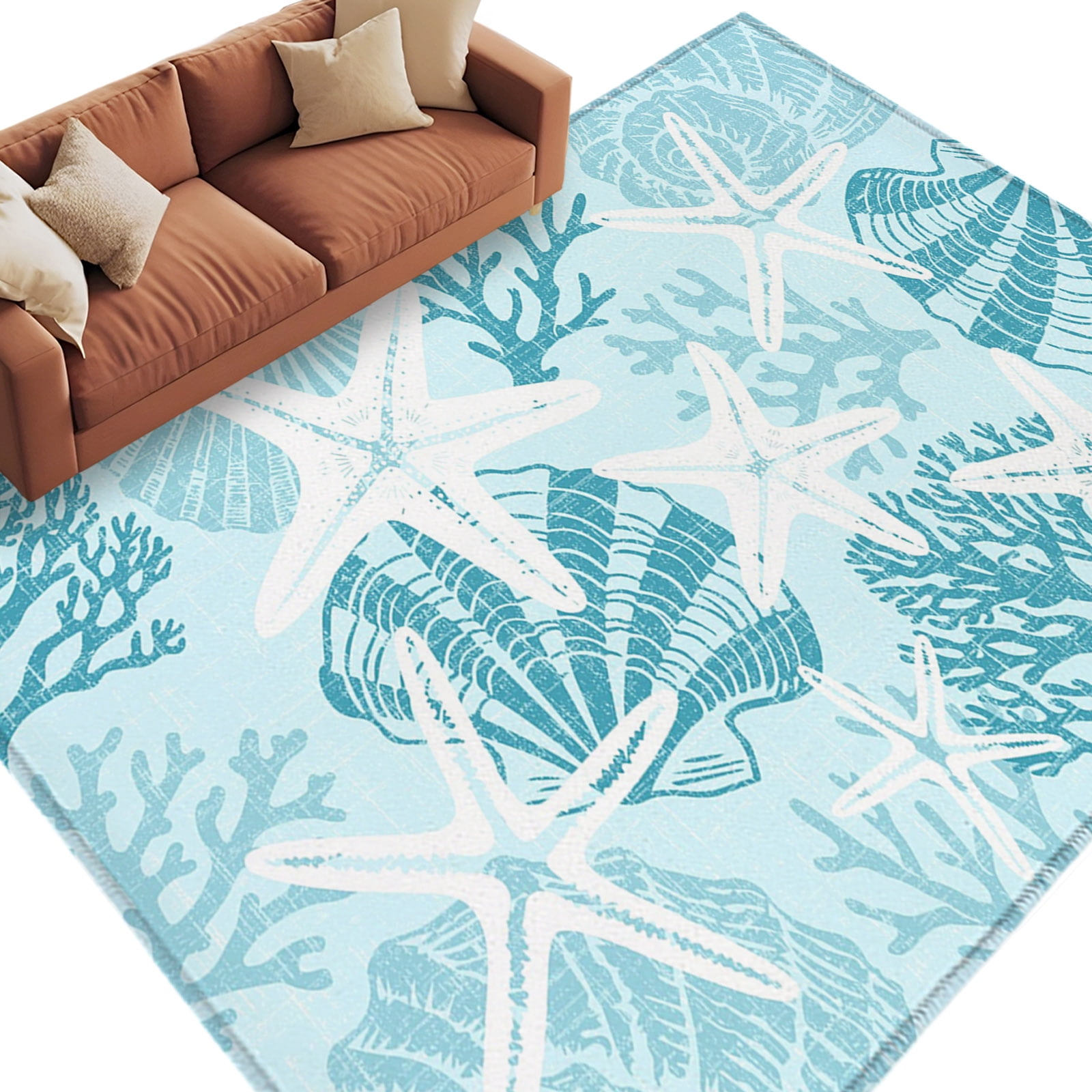 Aqua Blue Starfish Area Rug 8x10 Washable Rug Non Slip Coral Shell ...