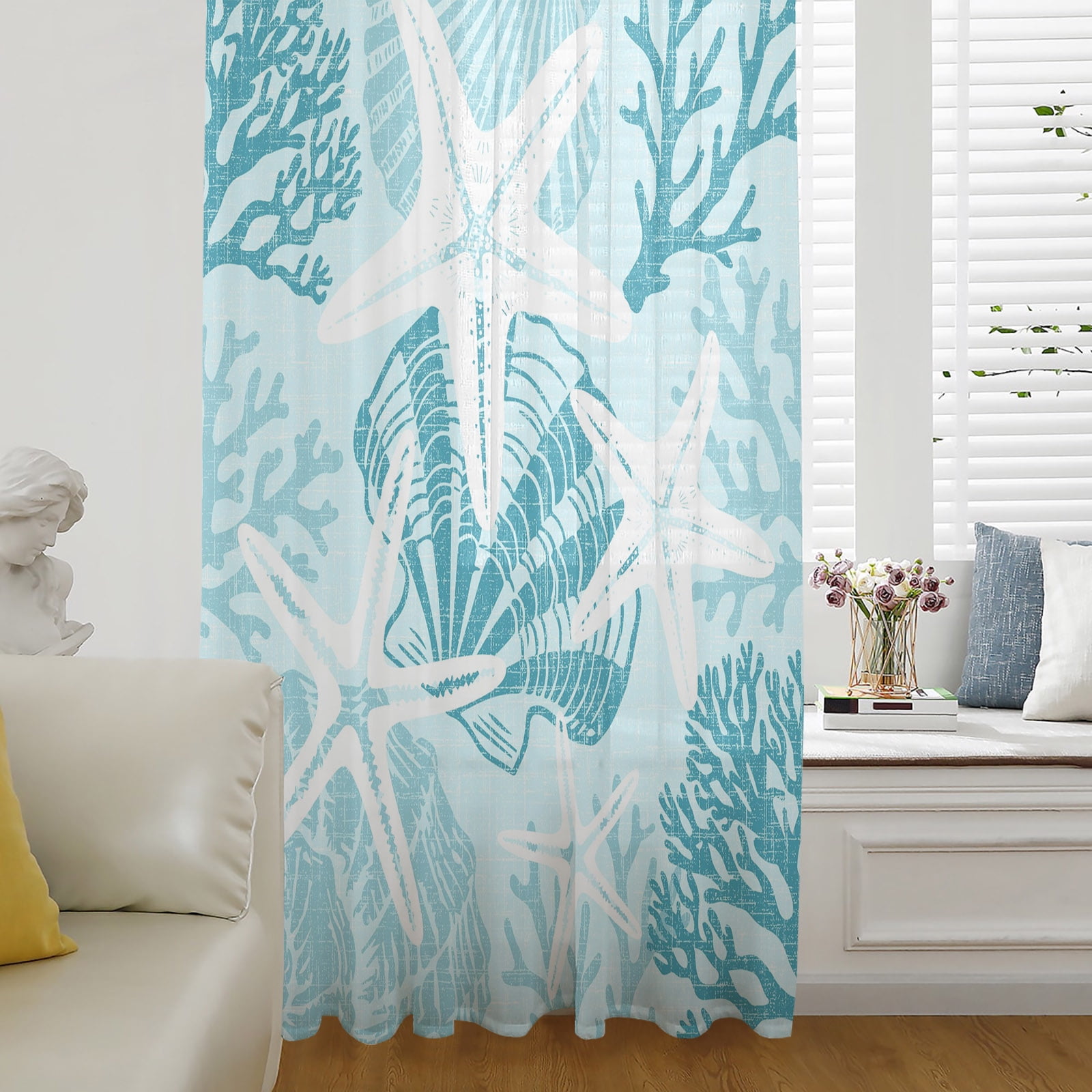 Aqua Blue Starfish Sheer Curtains 96 Inch Length, Light Filtering Voile ...
