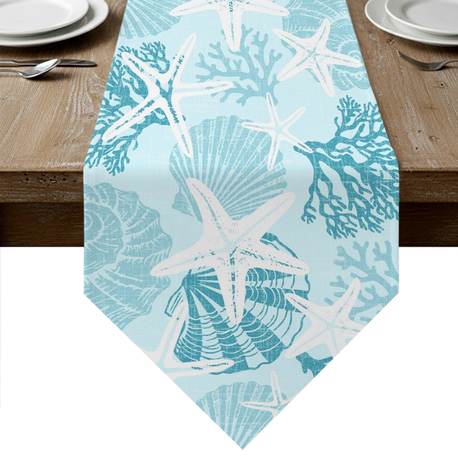 Aqua Blue Starfish Table Runner Linen Burlap Table Runner 36 Inches ...