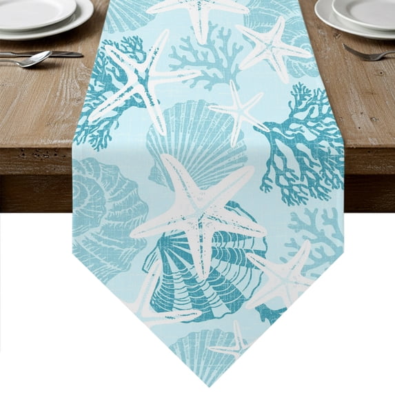 Aqua Blue Starfish Table Runner Linen Burlap Table Runner 36 Inches ...