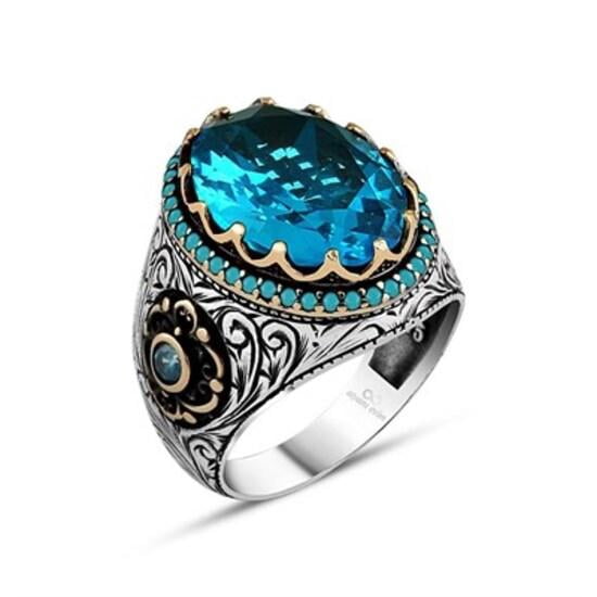 Aqua Blue Stone Silver Men's Ring - Walmart.com