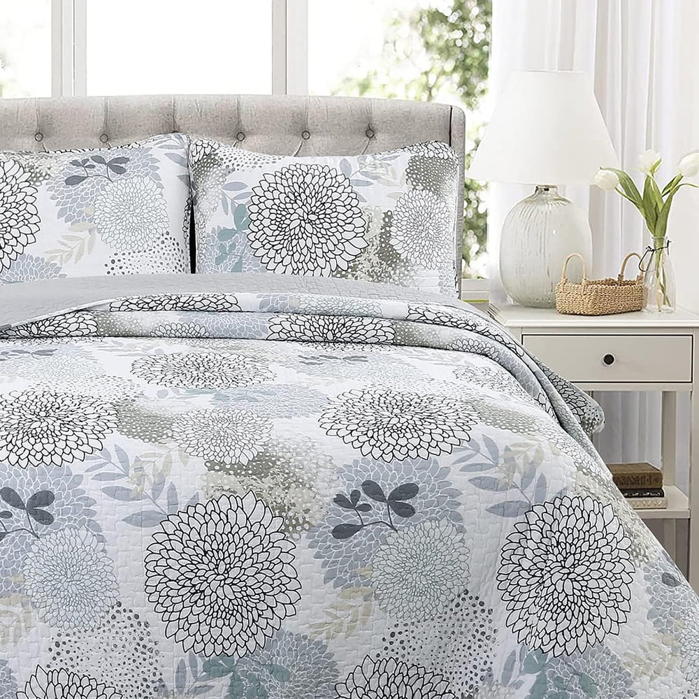 Aqua Blue Tape Floral Print Cotton Reversible Quilt Bedding Set ...