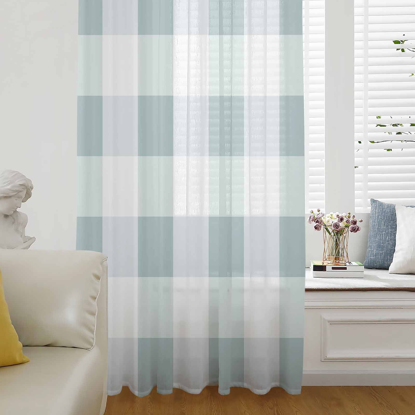 Aqua Blue White Plaid Window Curtain 72 Inches Long,Modern Geometric ...