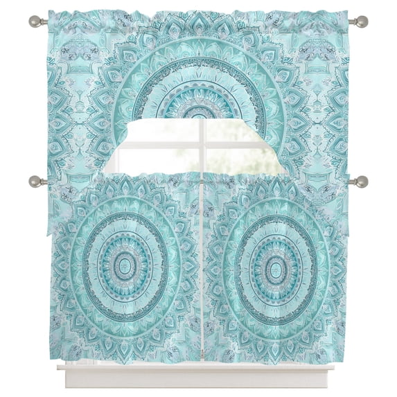 Aqua Boho Kitchen Curtains Swag Valance and Tier Curtains Set 24 Inch ...