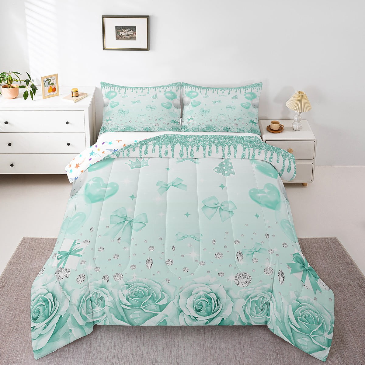 Aqua Bow Comforter Set Queen Size,Aqua Flower Rose Bedding Set Gifts ...