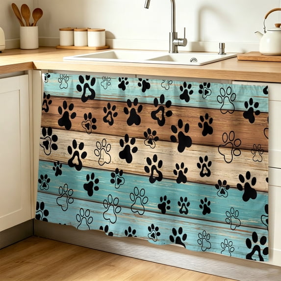 Aqua Brown Cabinet Curtains for Shelves, Rustic Farmhouse Dog Paw ...