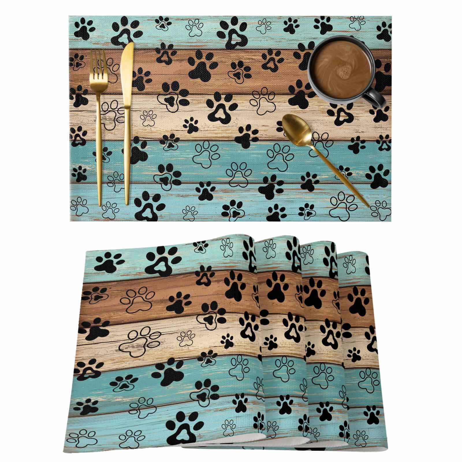 Aqua Brown Placemats Set of 6 Rustic Farmhouse Dog Paw Vintage Place ...