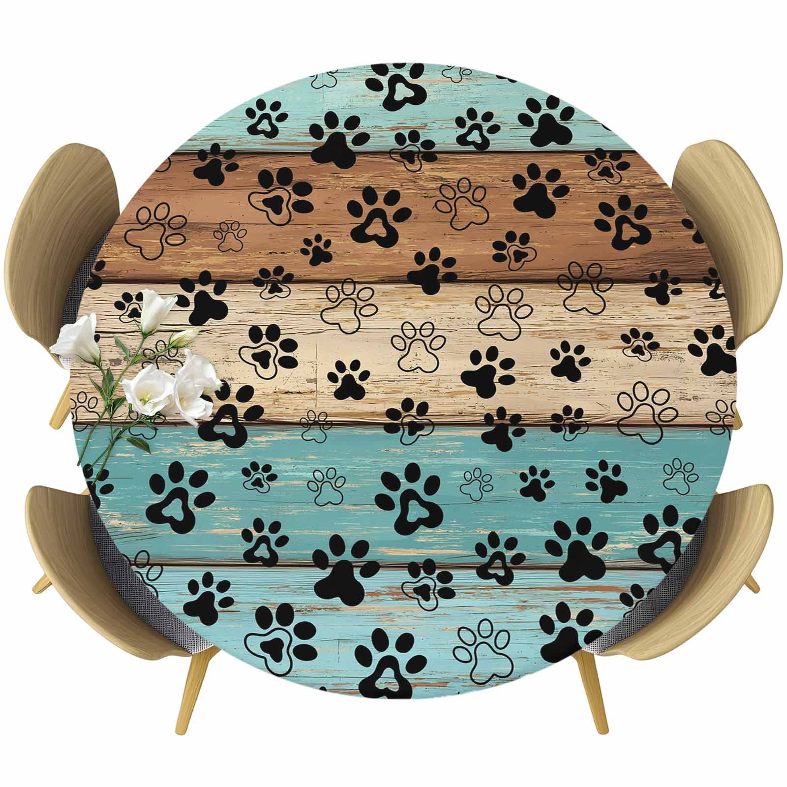 Aqua Brown Round Tablecloth, Fitted Table Cover with Elastic for 45"-54 ...