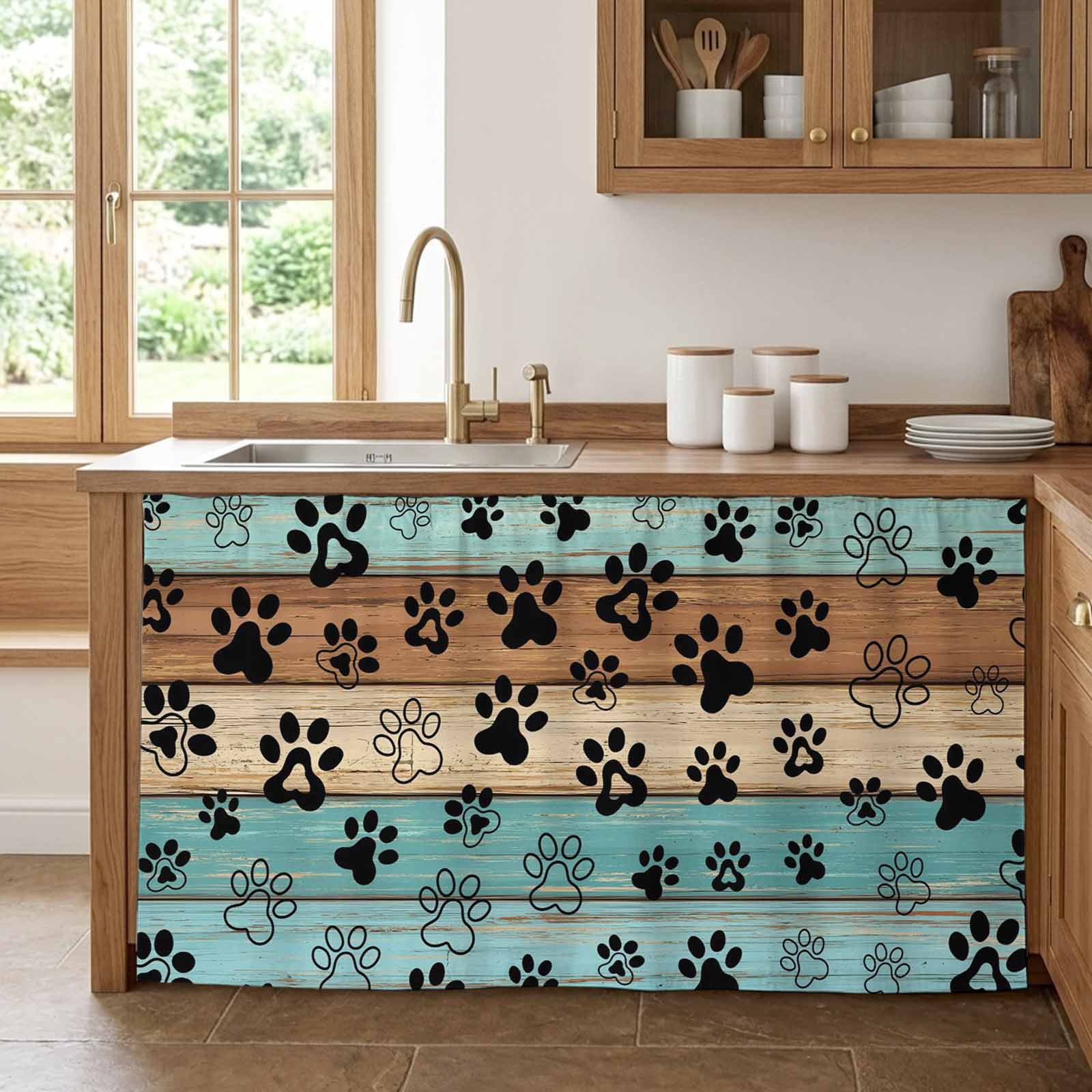 Aqua Brown Sink Skirt Curtain 32''x55'', Rustic Farmhouse Dog Paw ...