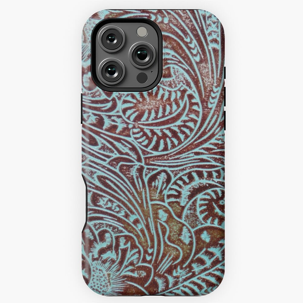 Aqua Brown Tooled Leather Pattern iPhone Case 17 16 15 14 13 12 11 Pro ...