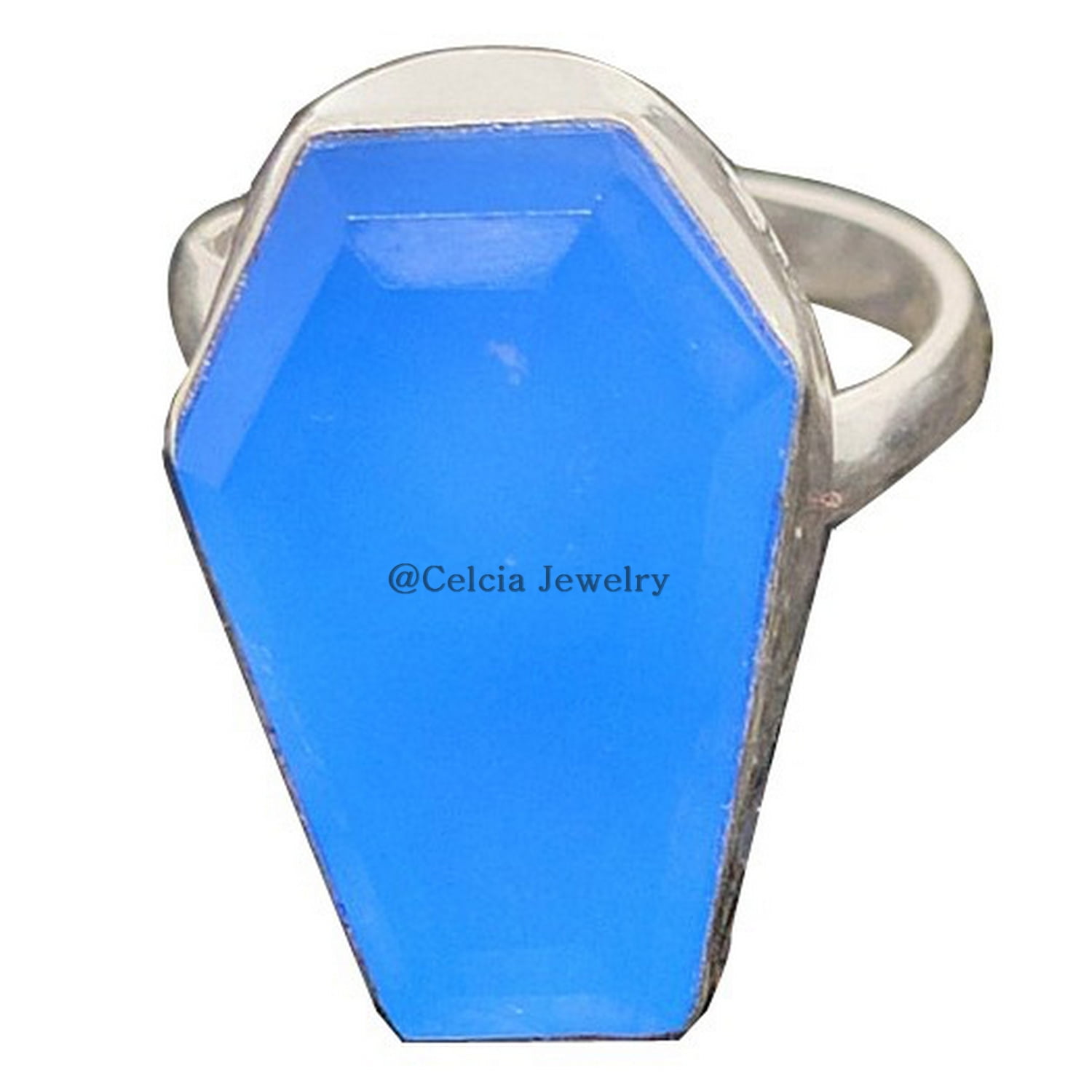 Aqua Chalcedony Natural Blue Gemstone Coffin Ring, Genuine 925 Sterling ...
