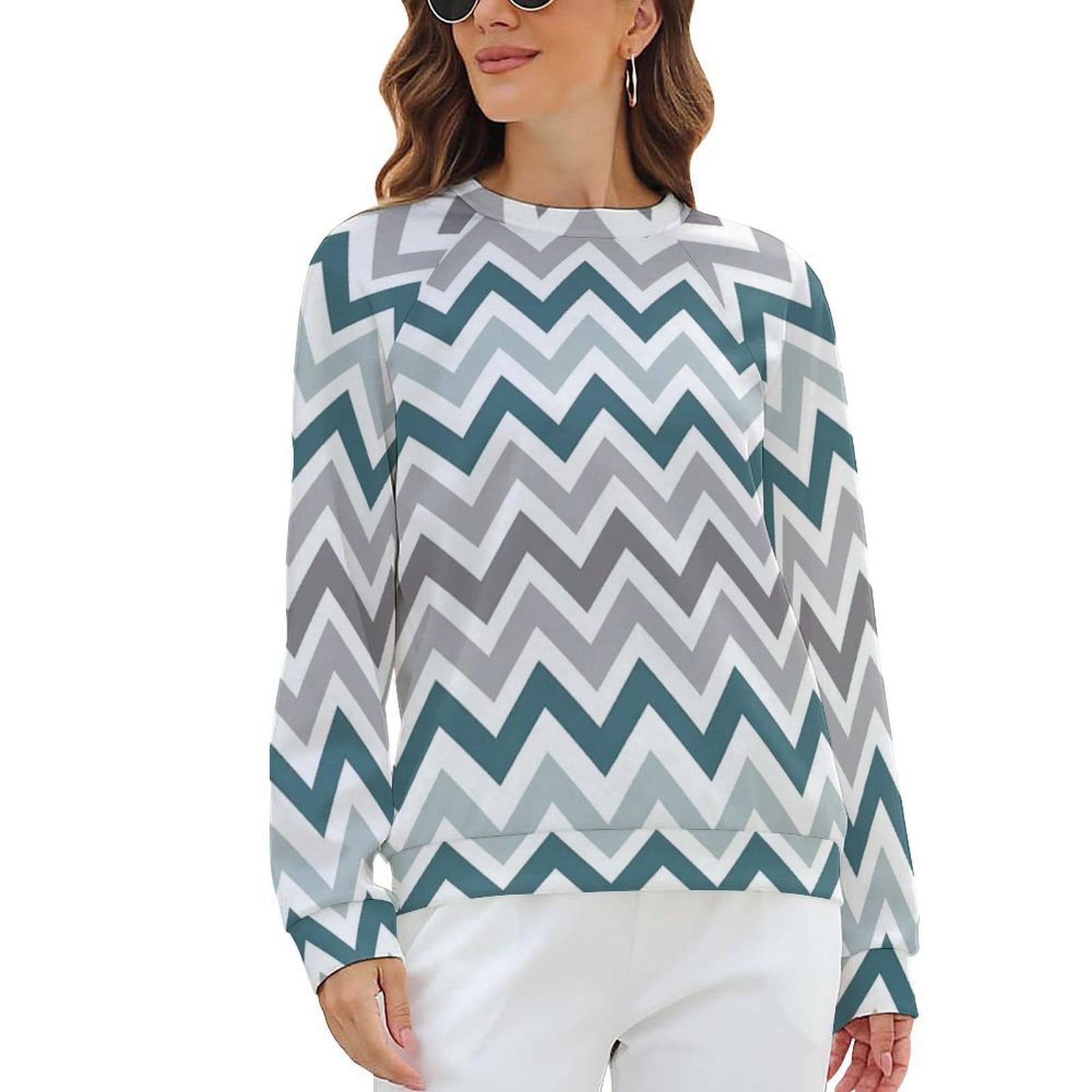 Aqua Chevron Pattern Ladies Tops Women Sweatshirts With Long Sleeve Loose Fit Pullover Female ...