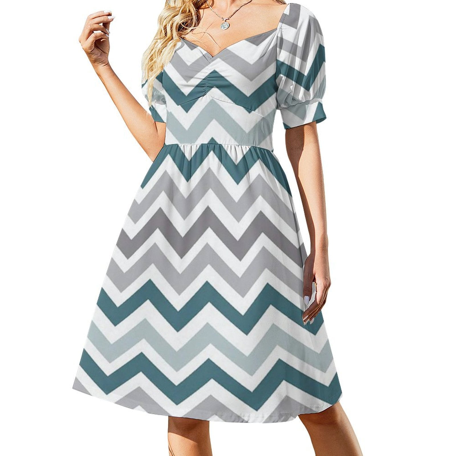 Aqua Chevron Pattern Short Sleeve Dress Clothes Women's Summer Dress Elegant Dress Daily Dresses ...