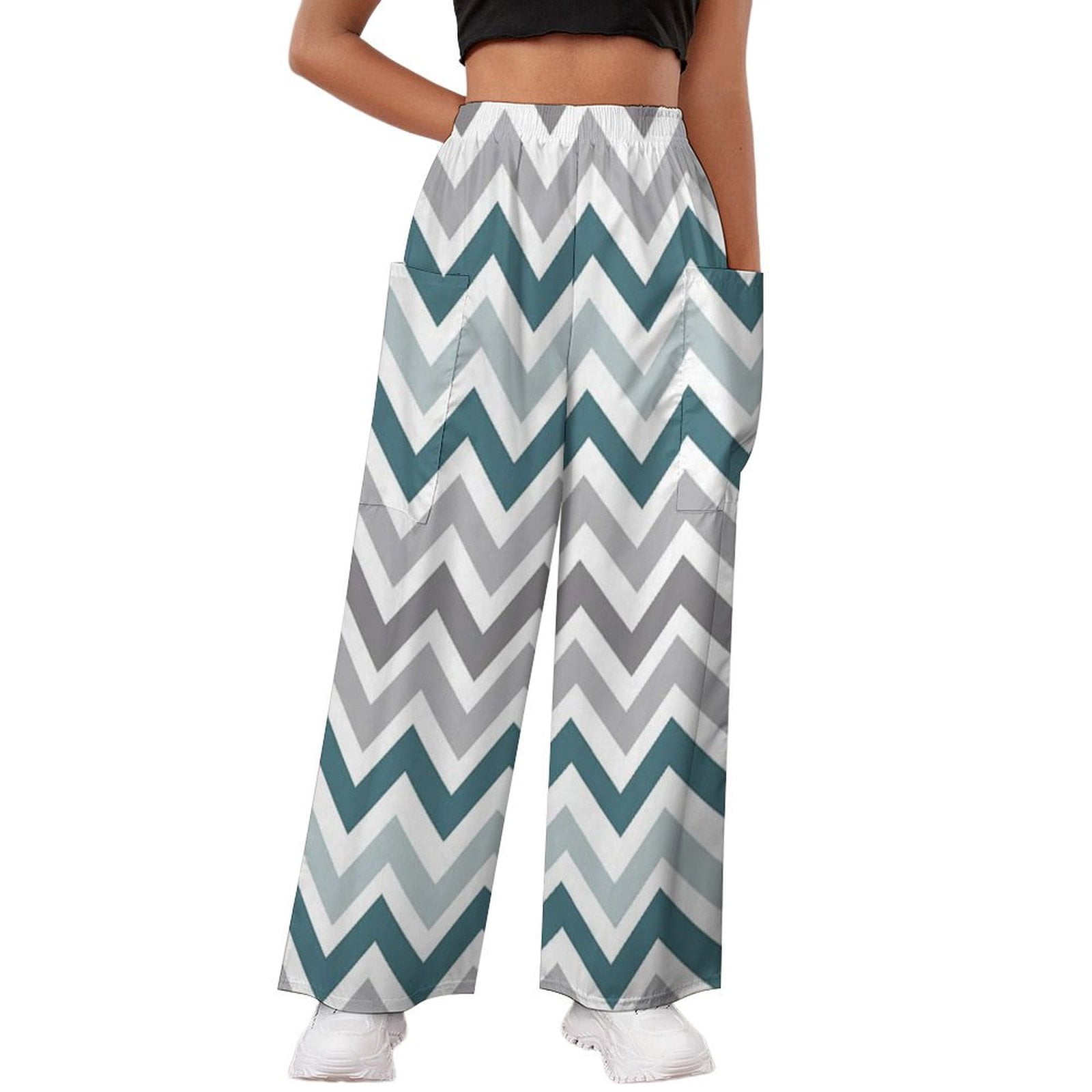 Aqua Chevron Pattern Straight Leg Trousers for Women High Waist ...