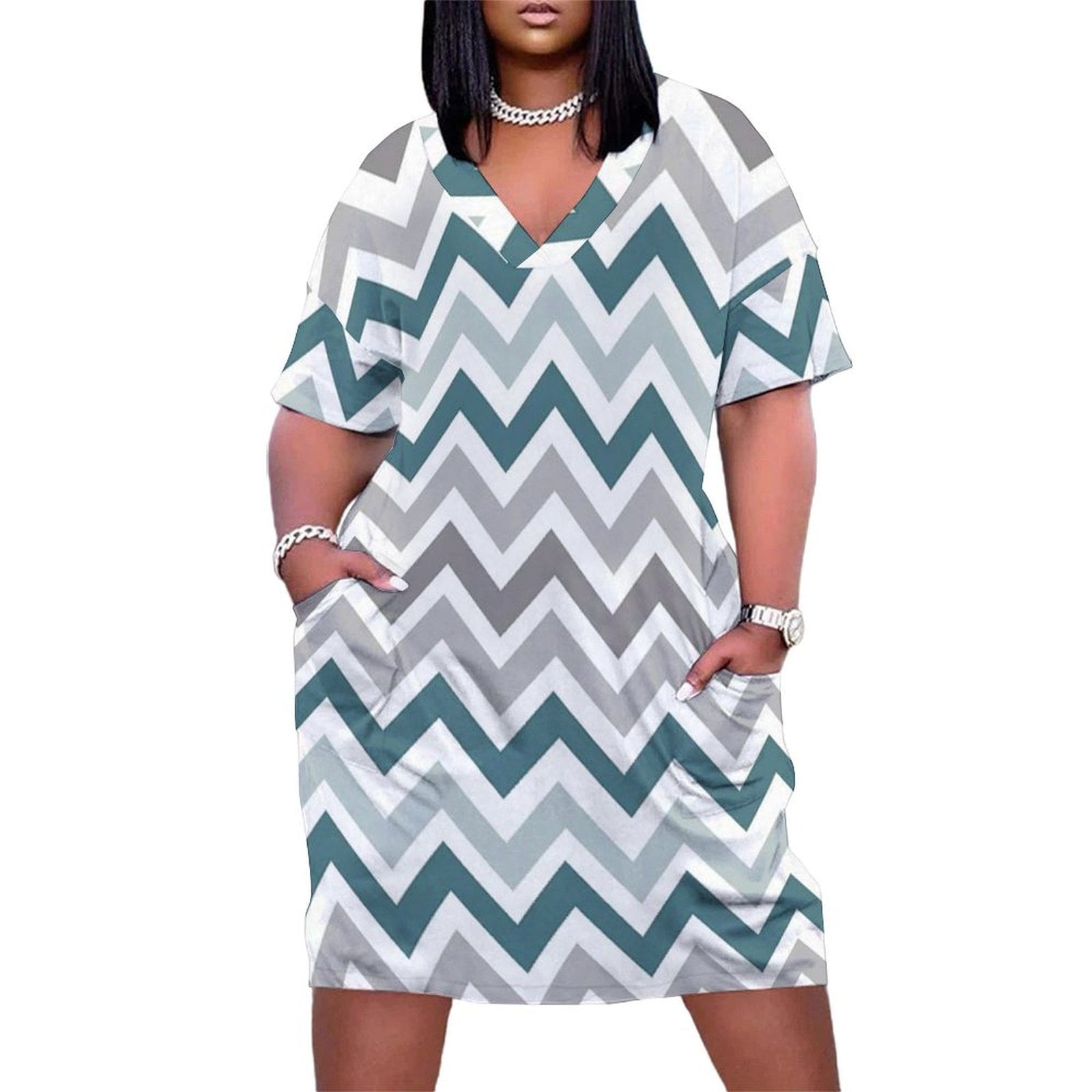 Aqua Chevron Pattern Summer Dresses for Women Plus Size Sundress Short Sleeve V Neck Dresses A ...