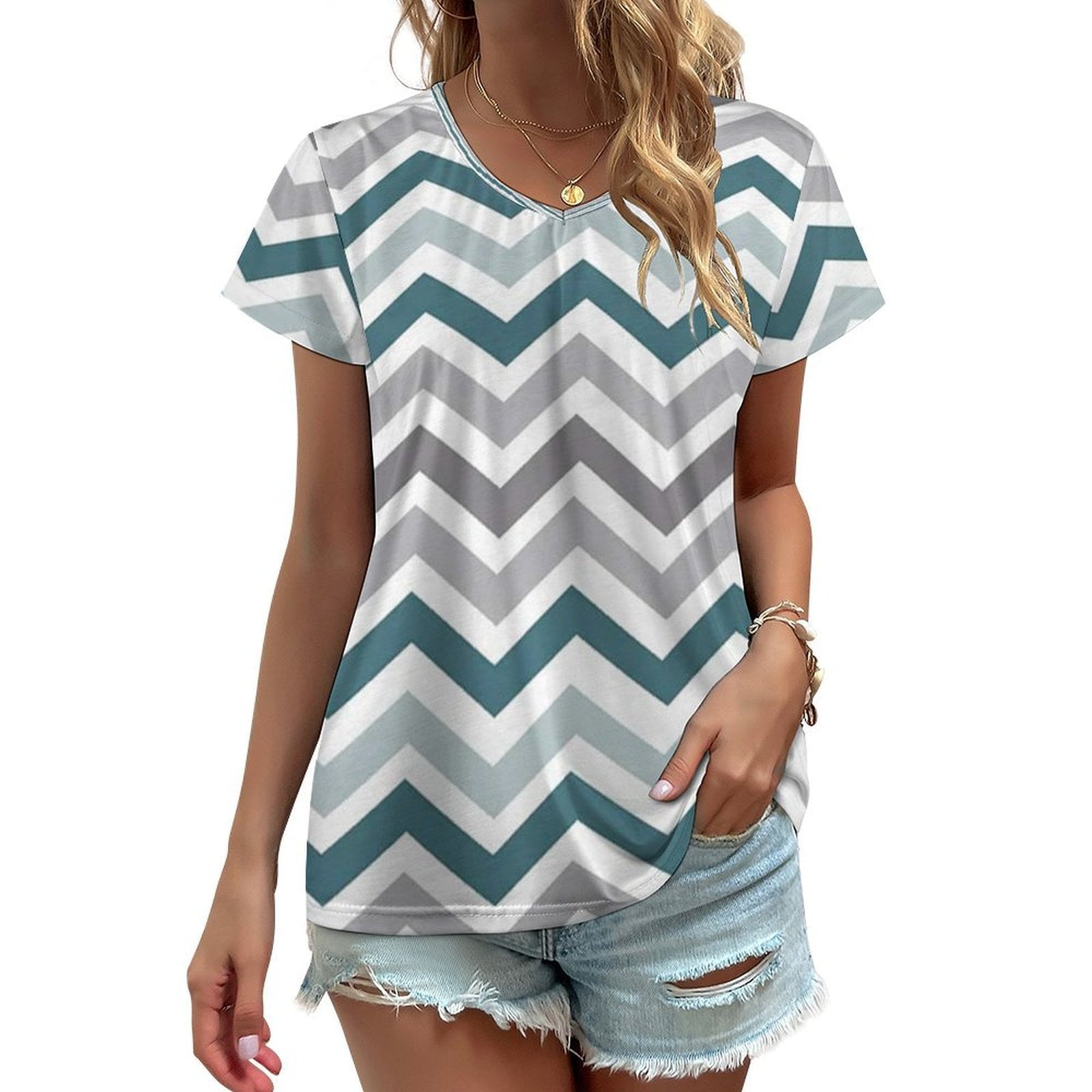 Aqua Chevron Pattern Women's Blouse Short Sleeve Women's Top T-Shirt Spring Summer Clothes ...