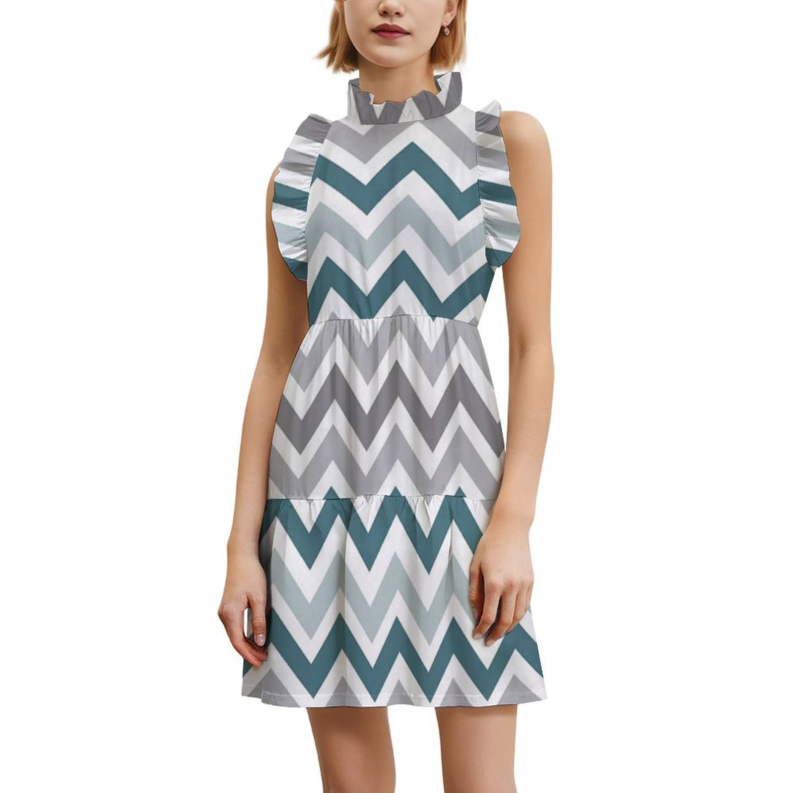 Aqua Chevron Pattern Women's Fashion Casual Dress Summer Stand Up ...