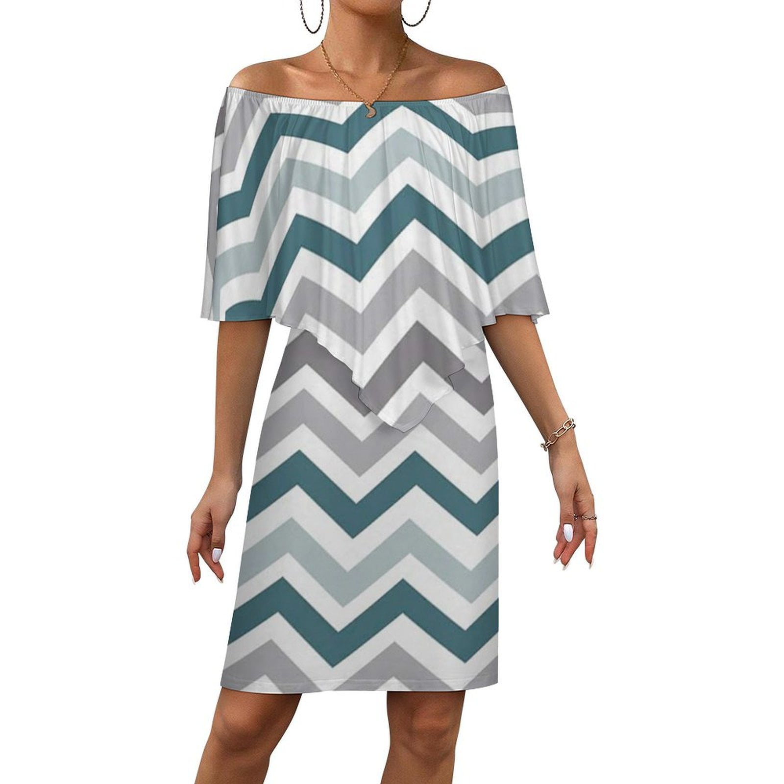 Aqua Chevron Pattern Women's Off The Shoulder Ruffles Summer Wedding Guest Loose Casual Party ...