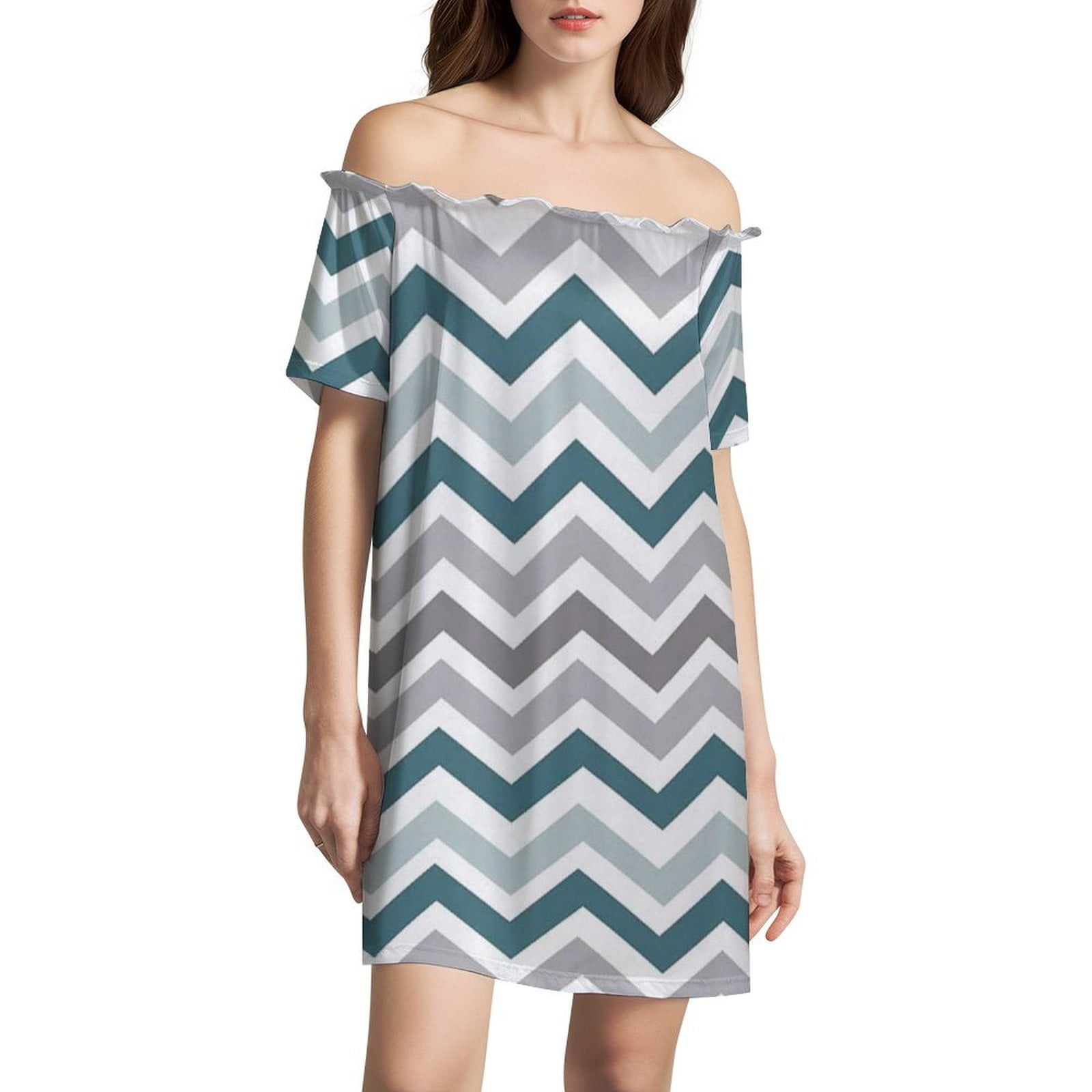 Aqua Chevron Pattern Women's Summer Loose Dress Off Shoulder Short Sleeve Casual Dress - Walmart.com