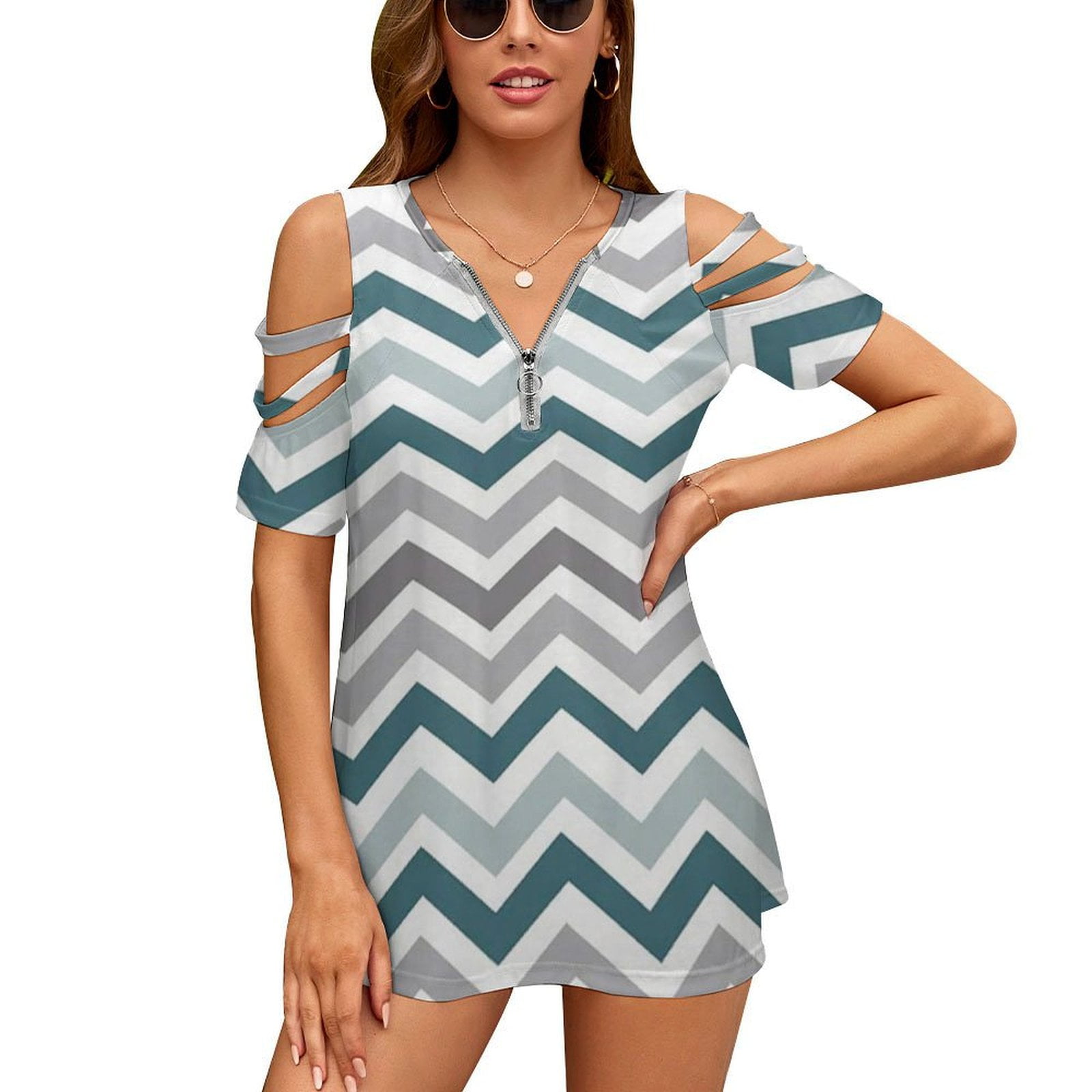 Aqua Chevron Pattern Womens Summer V Neck Zipper Top Short Sleeve T Shirt Off Shoulder Top ...