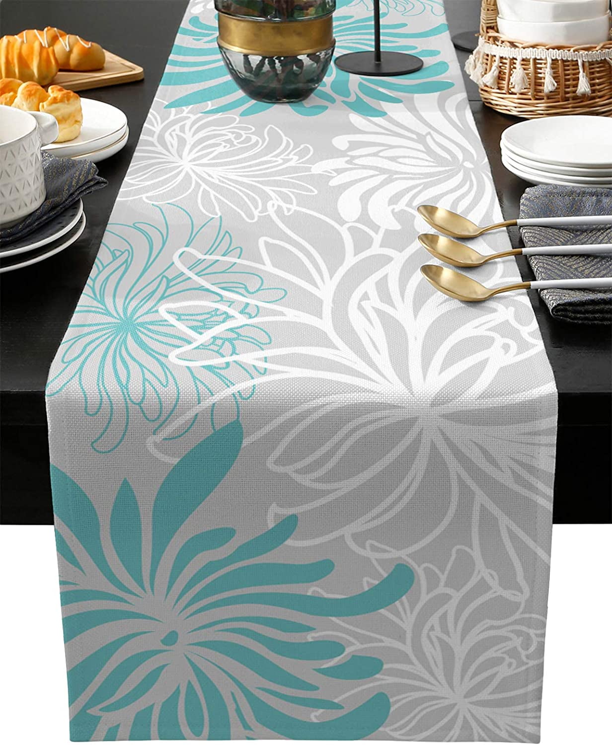 Aqua Chrysanthemum Flowers Linen Table Runner Wedding Party ration ...