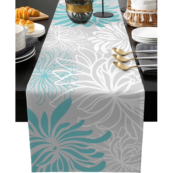 Aqua Chrysanthemum Flowers Linen Table Runner Wedding Party ration ...