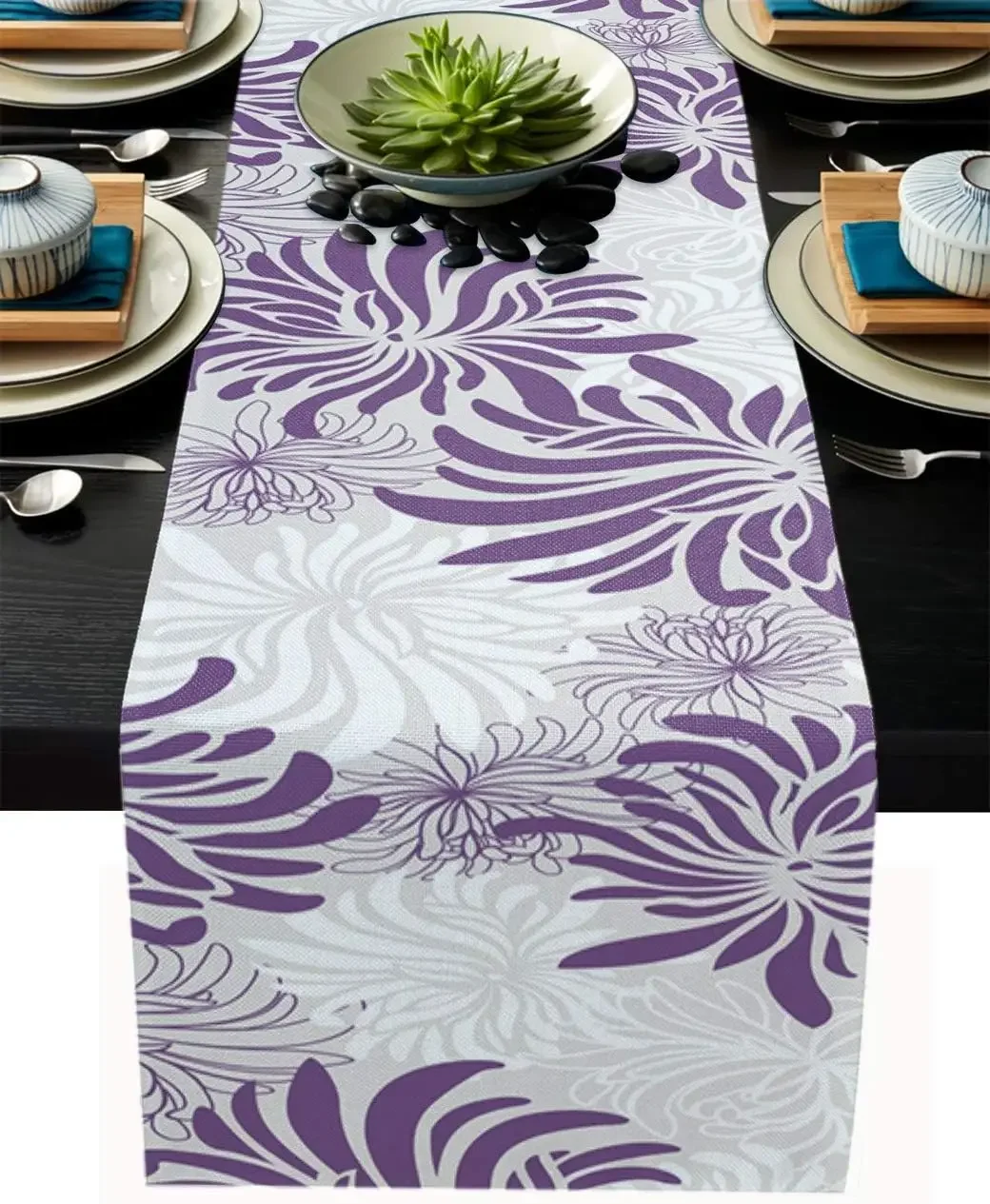 Aqua Chrysanthemum Flowers Table Runner Dresser Scarves Reusable ...