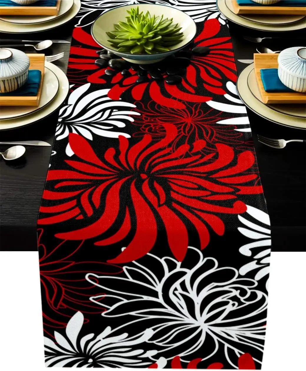 Aqua Chrysanthemum Flowers Table Runner Dresser Scarves Reusable ...