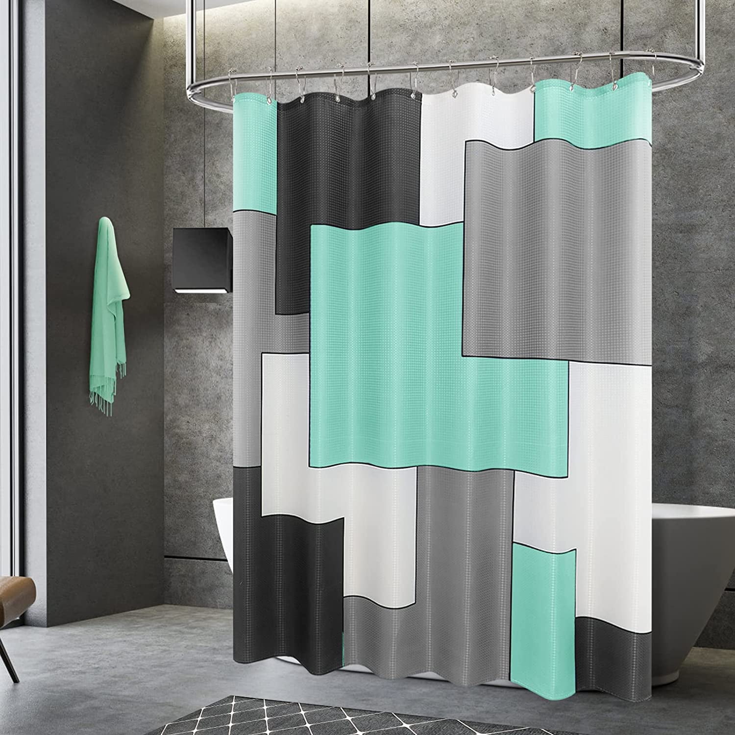 Aqua Cloth Shower Curtain 72 Inches Long Teal and White Shower Curatins ...