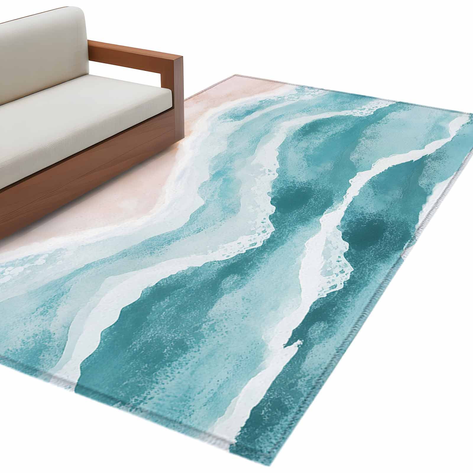 Aqua Coastal Beach 3'x5' Washable Rug, Modern Oil Painting Nautical Non ...