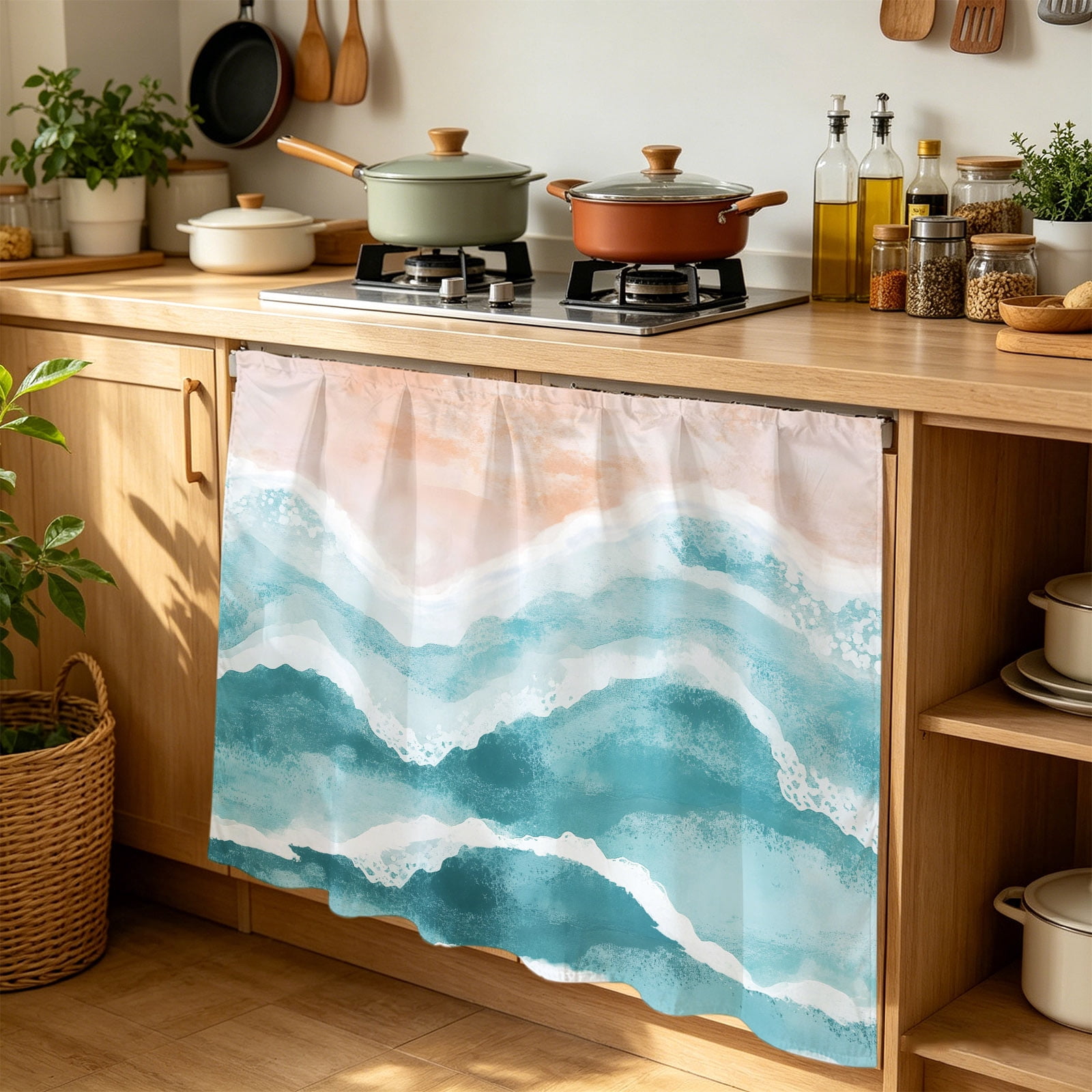 Aqua Coastal Beach Cabinet Curtains 35''x35'', Modern Oil Painting ...
