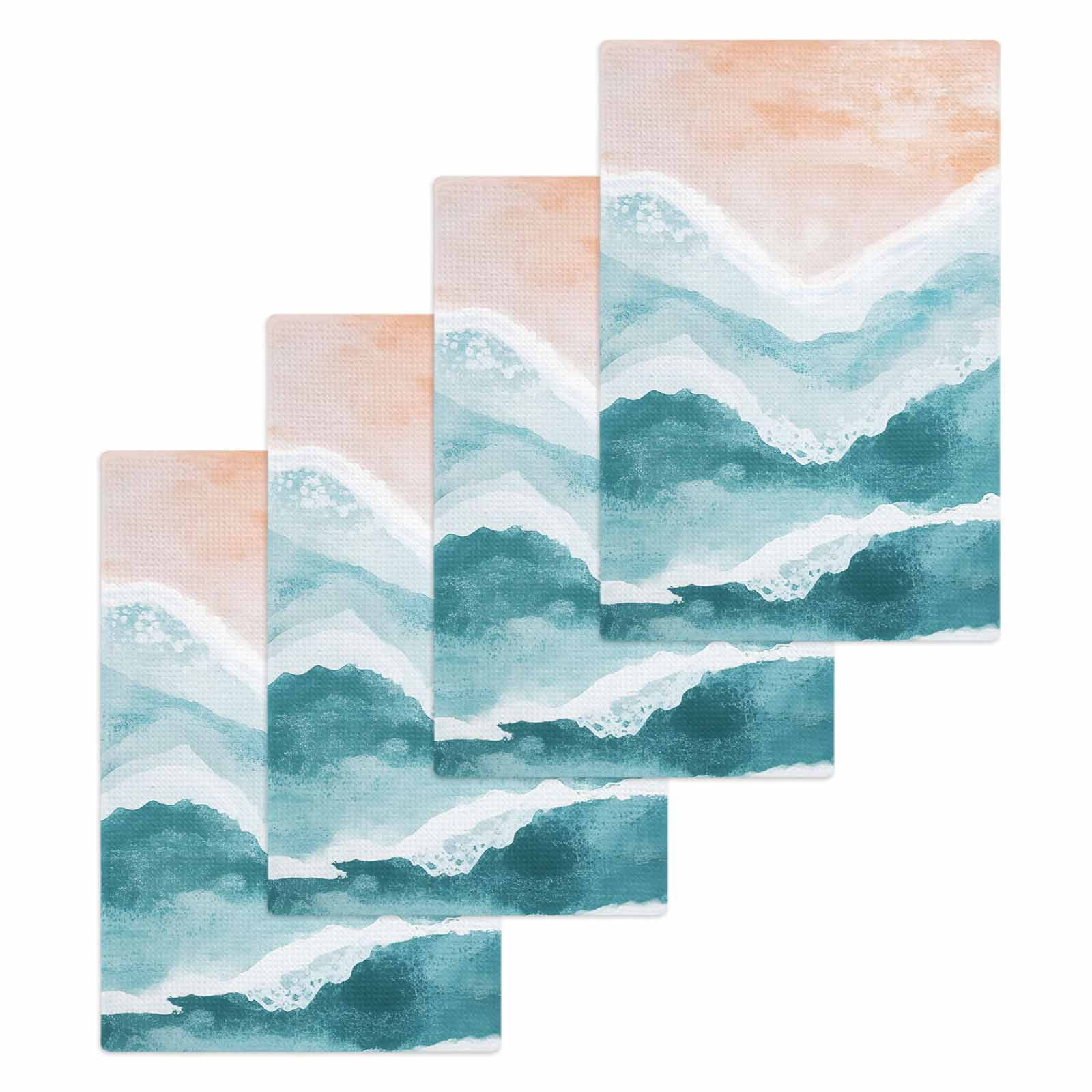 Aqua Coastal Beach Hand Towels Set, Waffle Weave Kitchen Towels 4 ...
