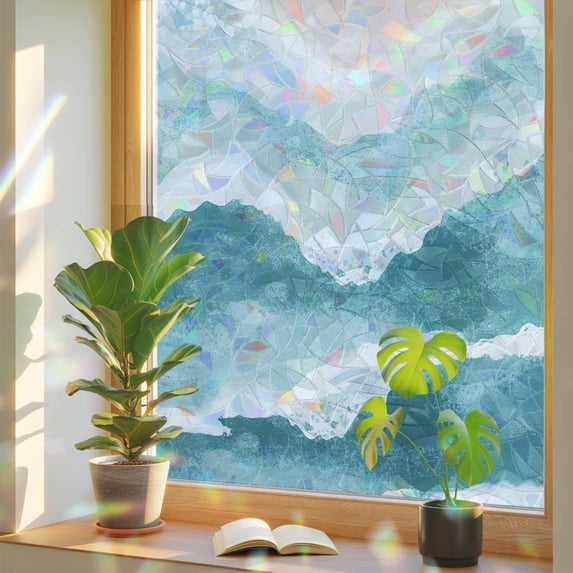 Aqua Coastal Beach Privacy Window Film, Decorative Stained Glass Window ...