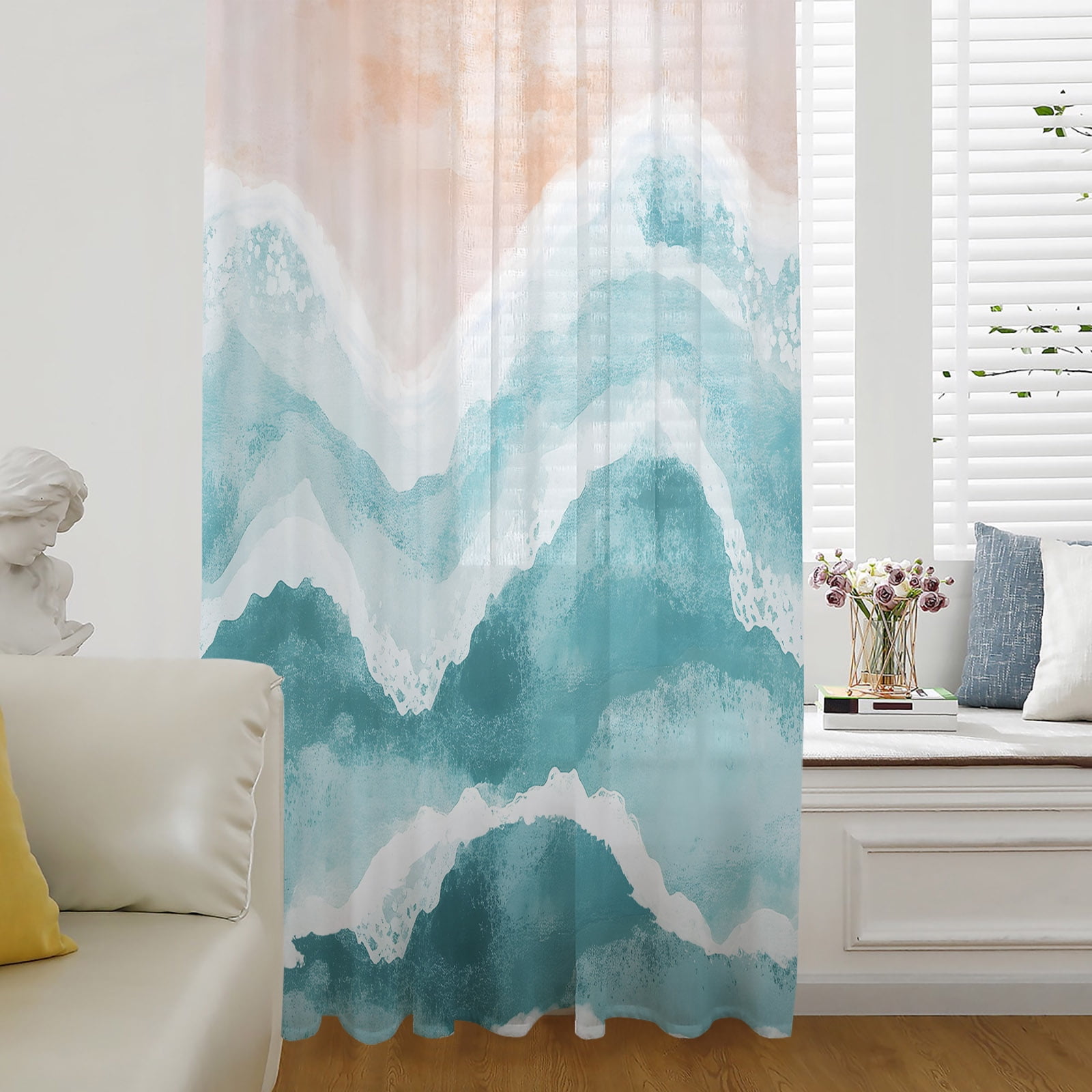 Aqua Coastal Beach Sheer Curtains 54 Inch Length, Light Filtering Voile ...