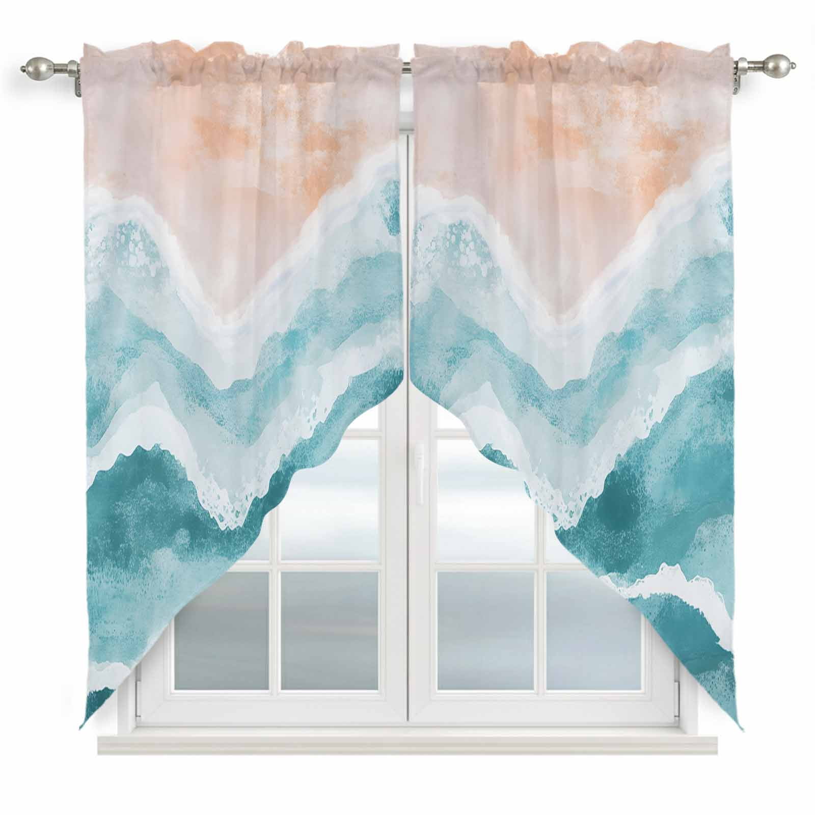 Aqua Coastal Beach Swag Curtain Valances, Modern Oil Painting Nautical ...