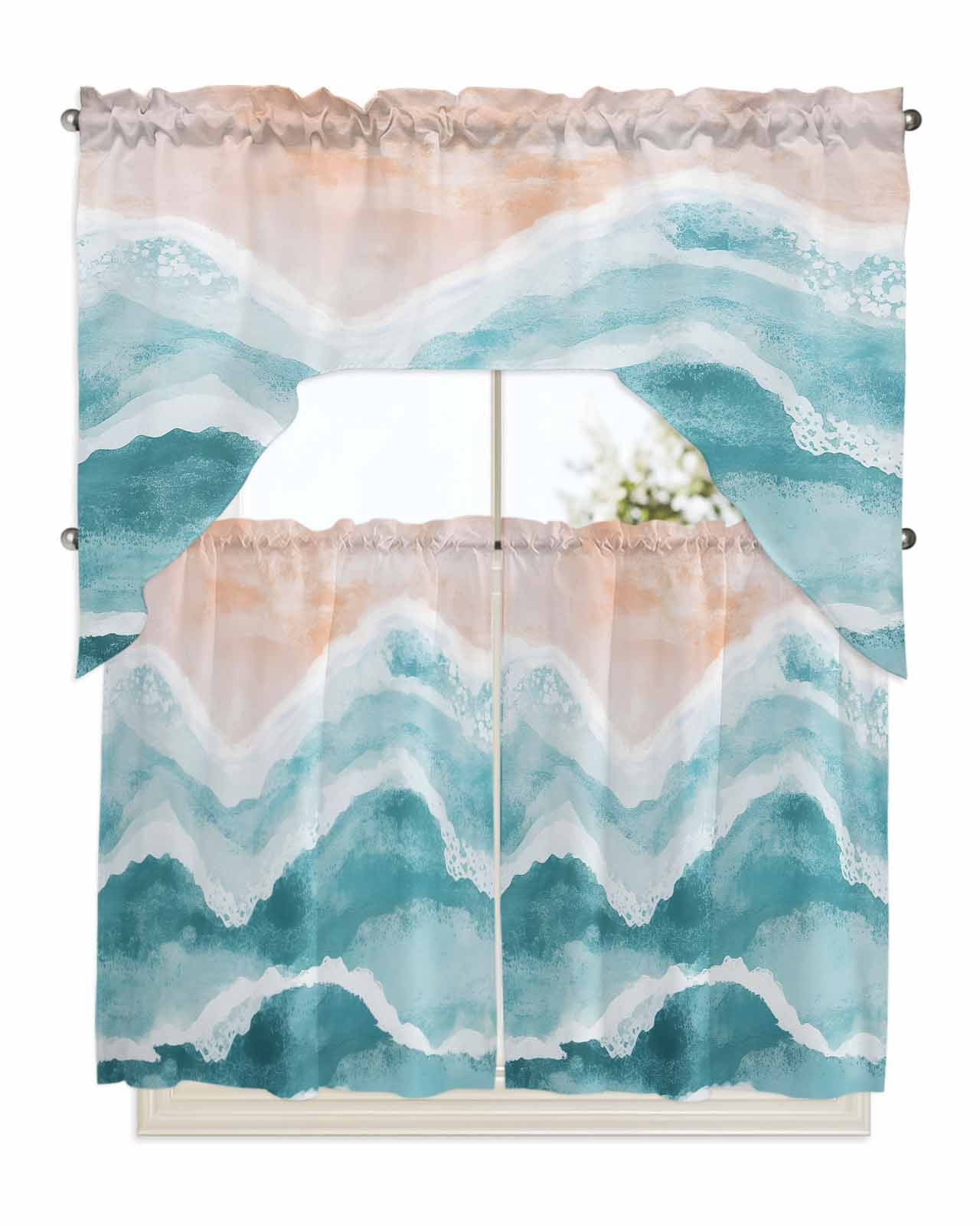 Aqua Coastal Beach Swag Valance and Tier Curtains 36'' Length Set ...