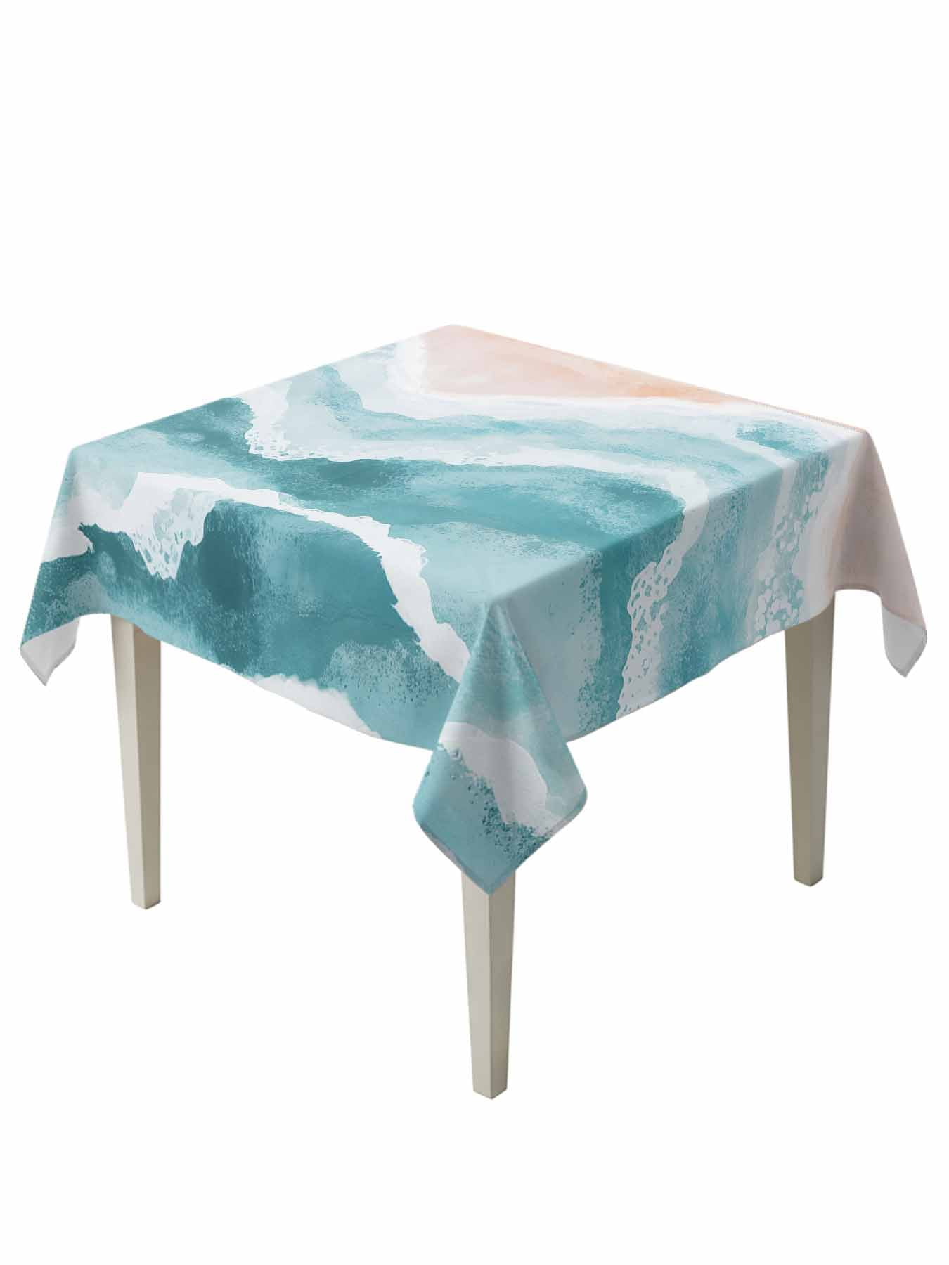 Aqua Coastal Beach Table Cloth, Modern Oil Painting Nautical Waterproof ...