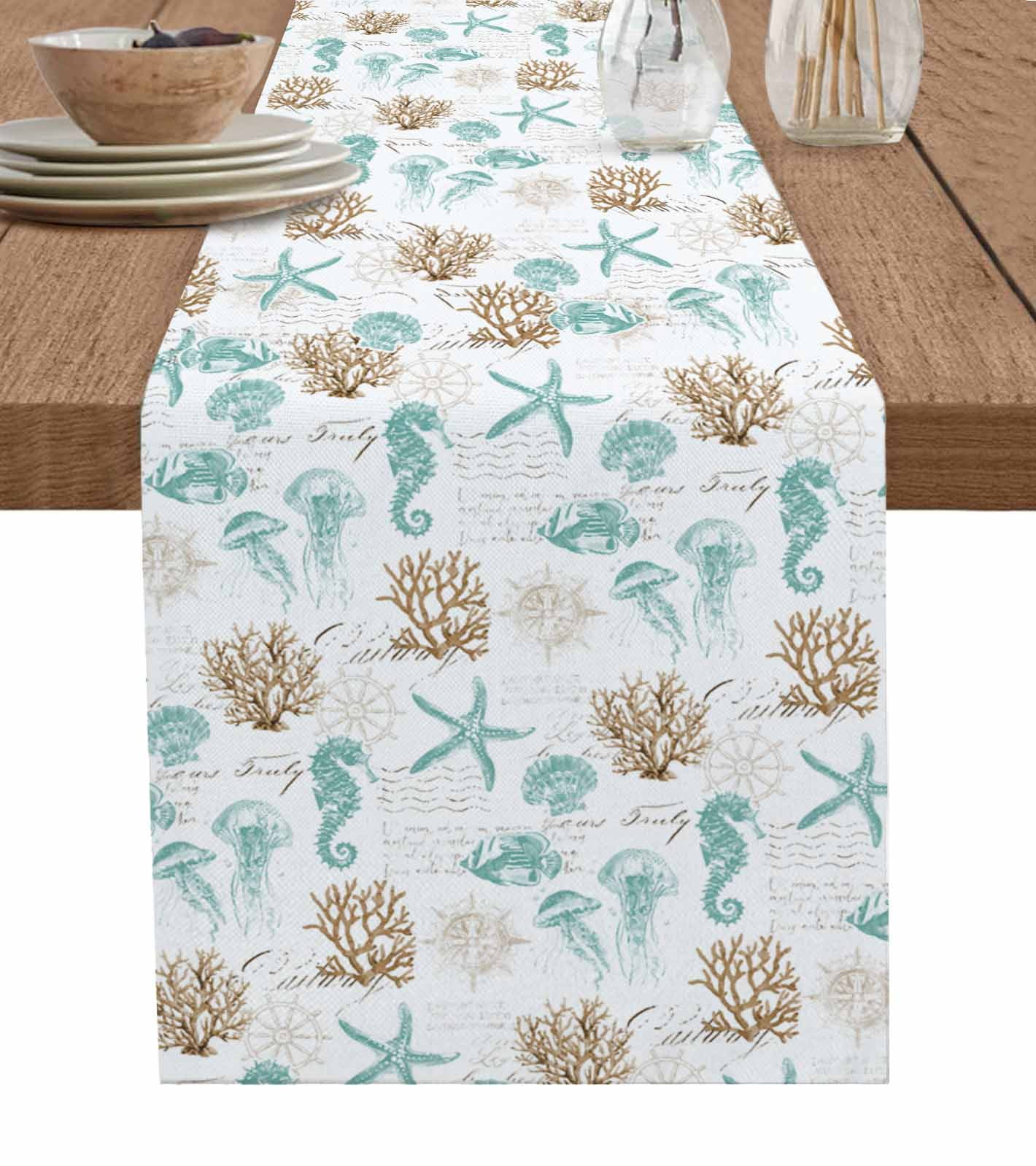 Aqua Coastal Burlap Cotton Table Runner 13x120 Inches Long, Farmhouse ...
