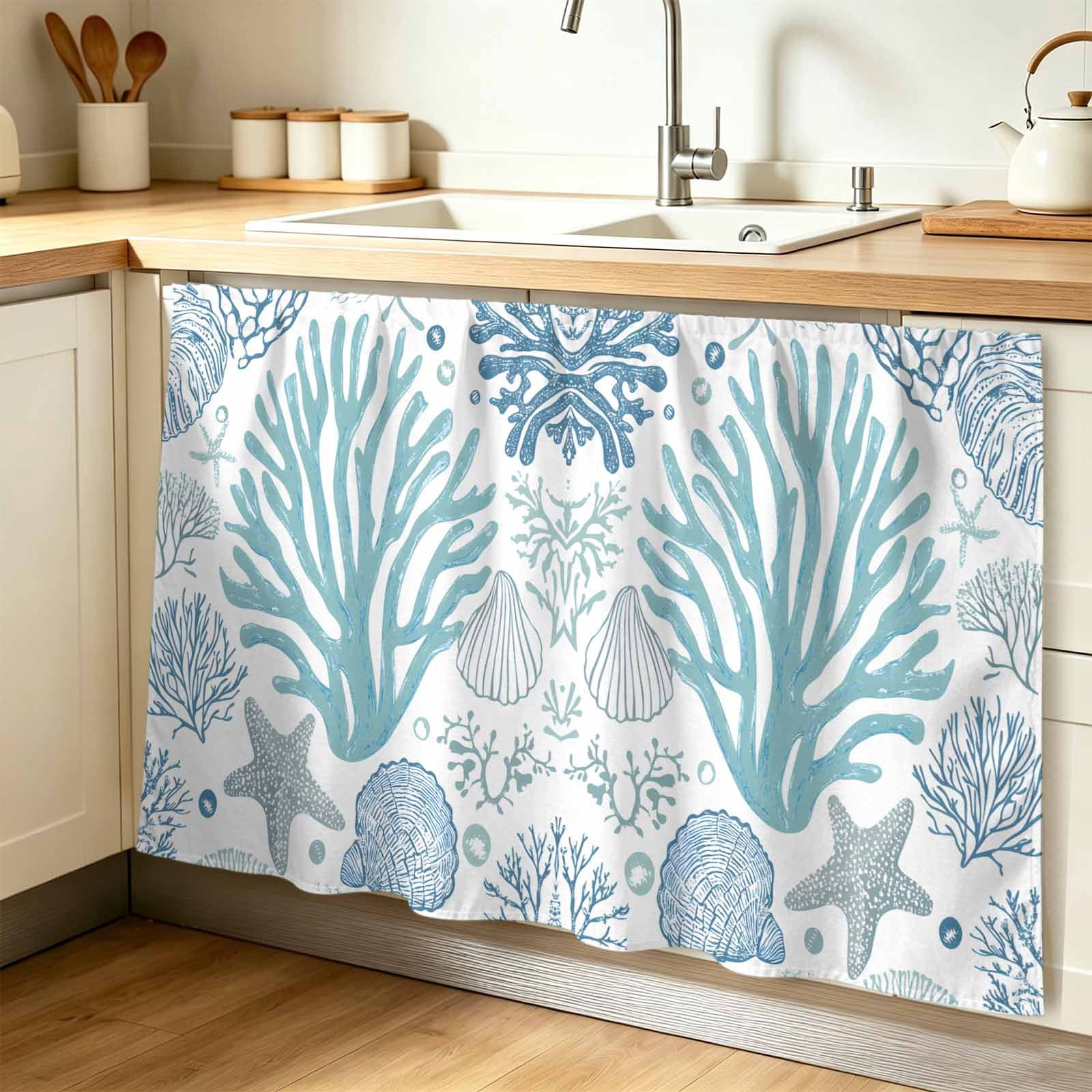 Aqua Coastal Cabinet Curtains for Shelves, Summer Nautical Starfish ...
