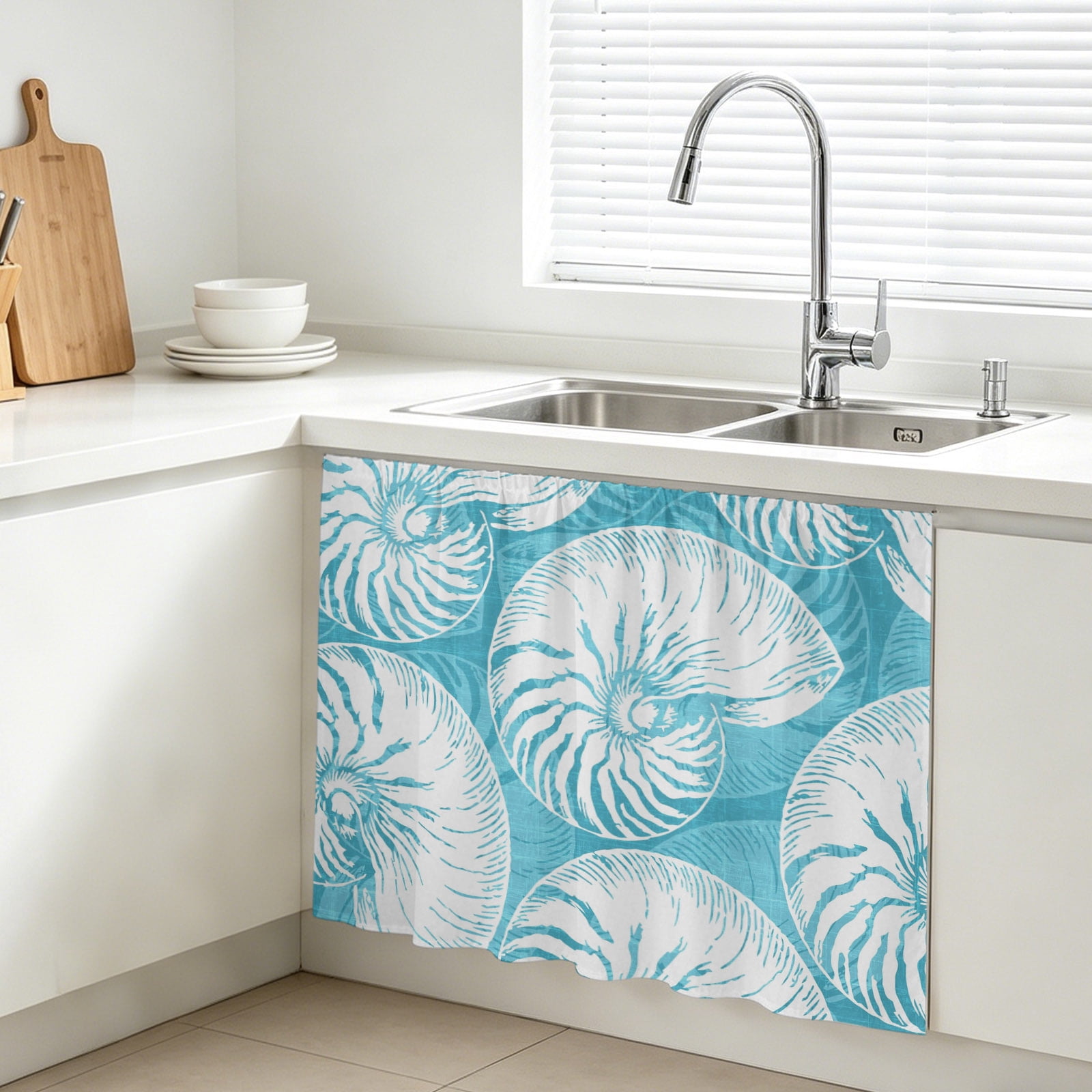 Aqua Coastal Conch Cabinet Curtains for Kitchen 10"W x 11"L, Summer ...