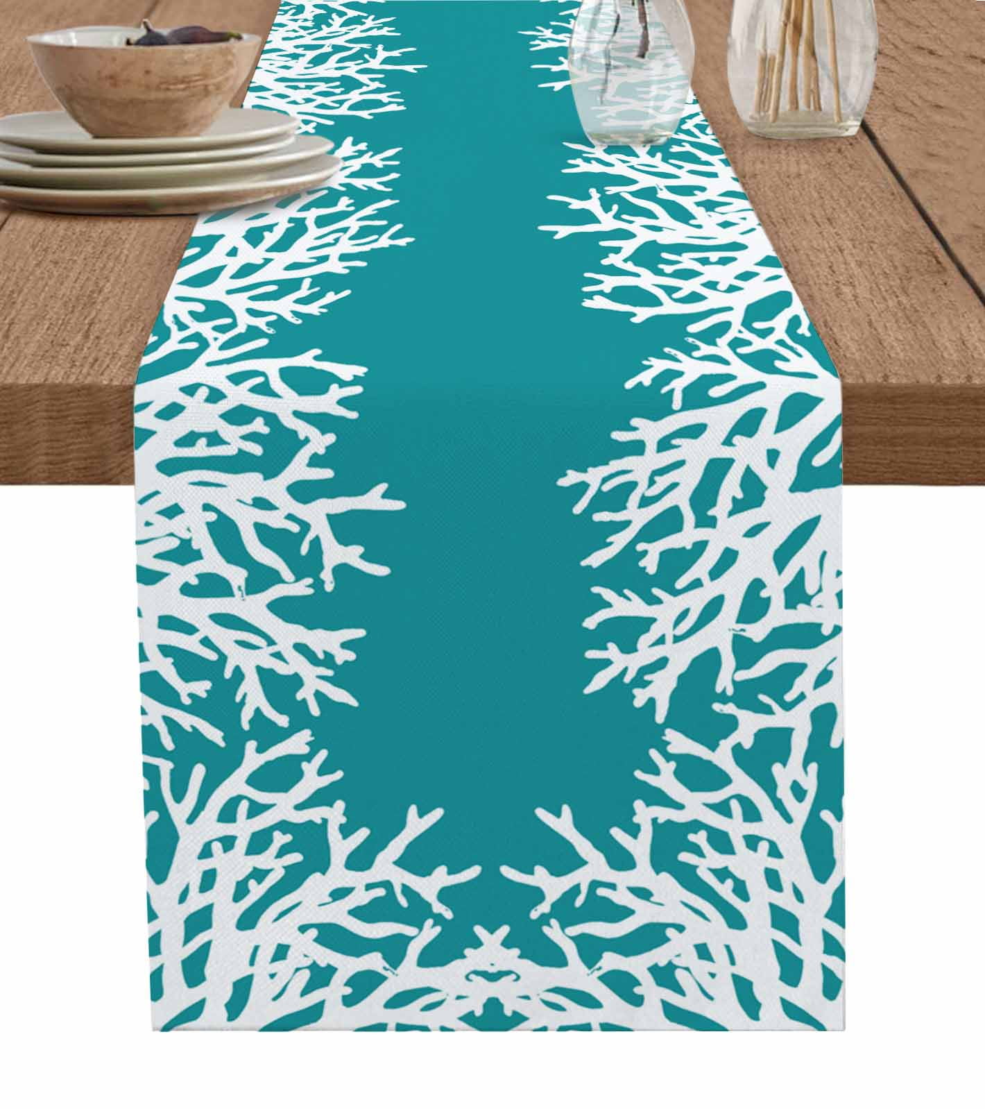 Aqua Coastal Coral Burlap Cotton Table Runner 13x48 Inches Long, White ...