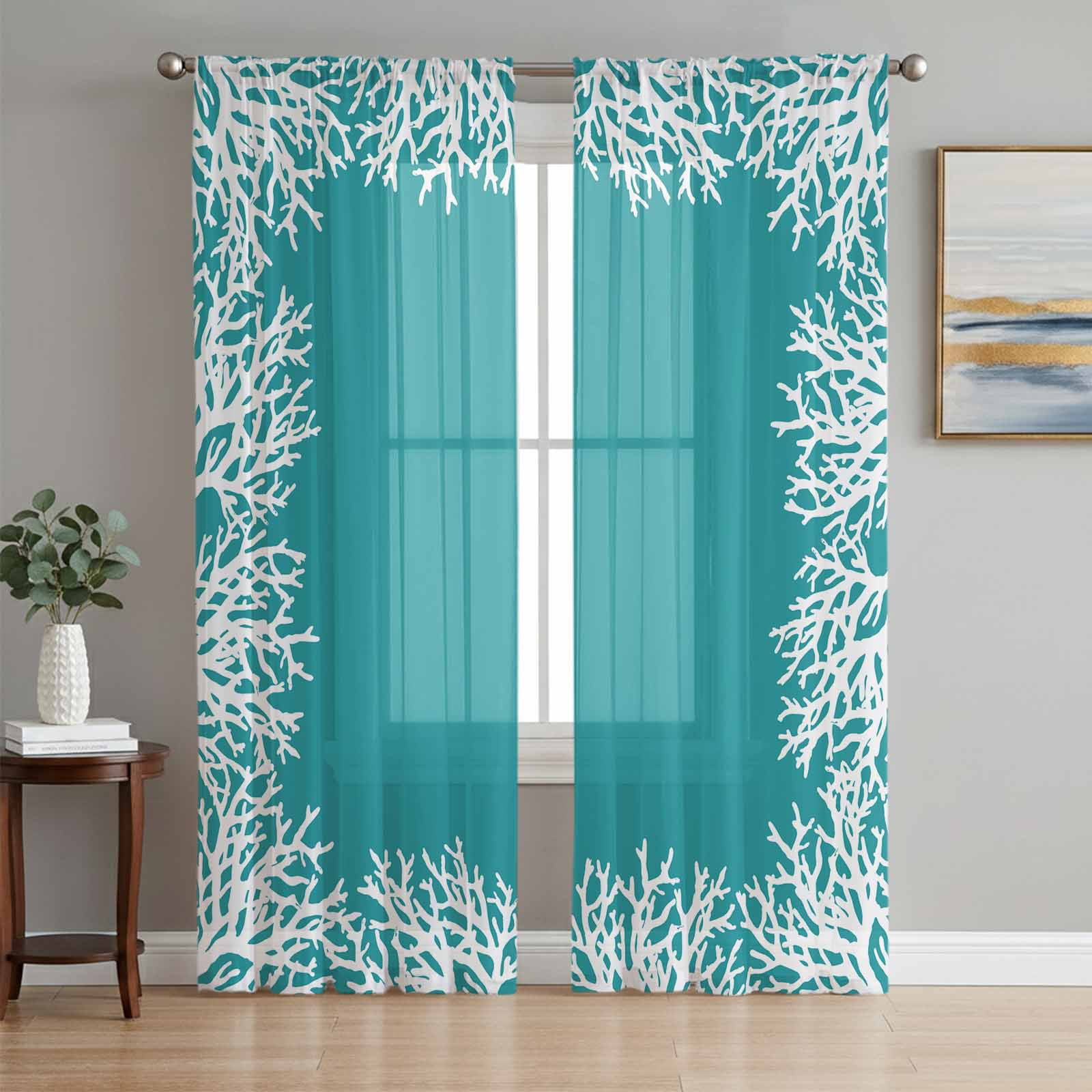 Aqua Coastal Coral Sheer Curtains 84 Inch Length 2 Panels Set, White ...